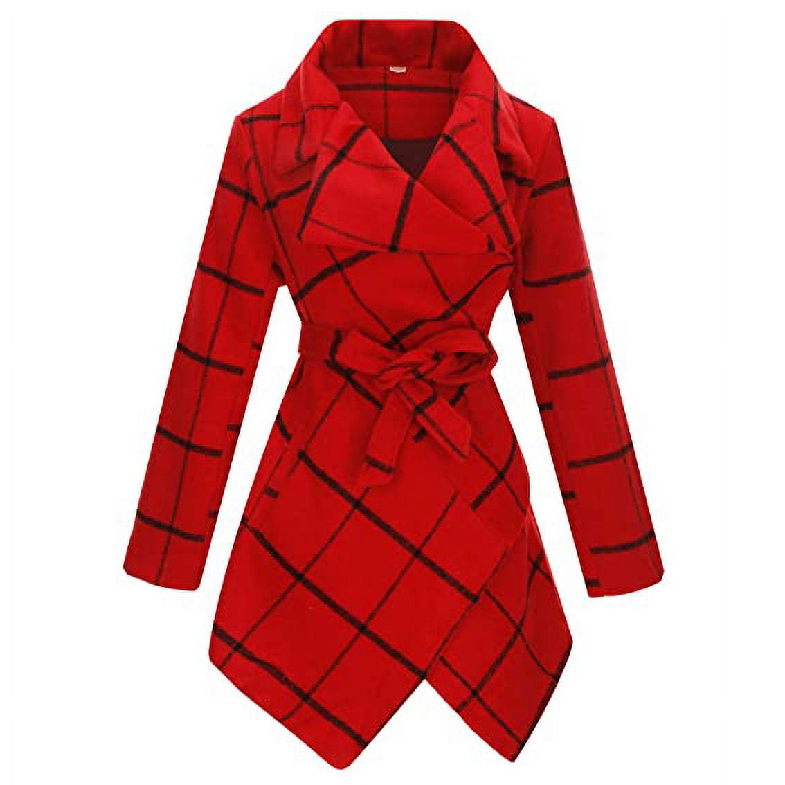 VOGRYE Women's Turn Down Collar Grid Coat Belted Wool Blend Coat ...
