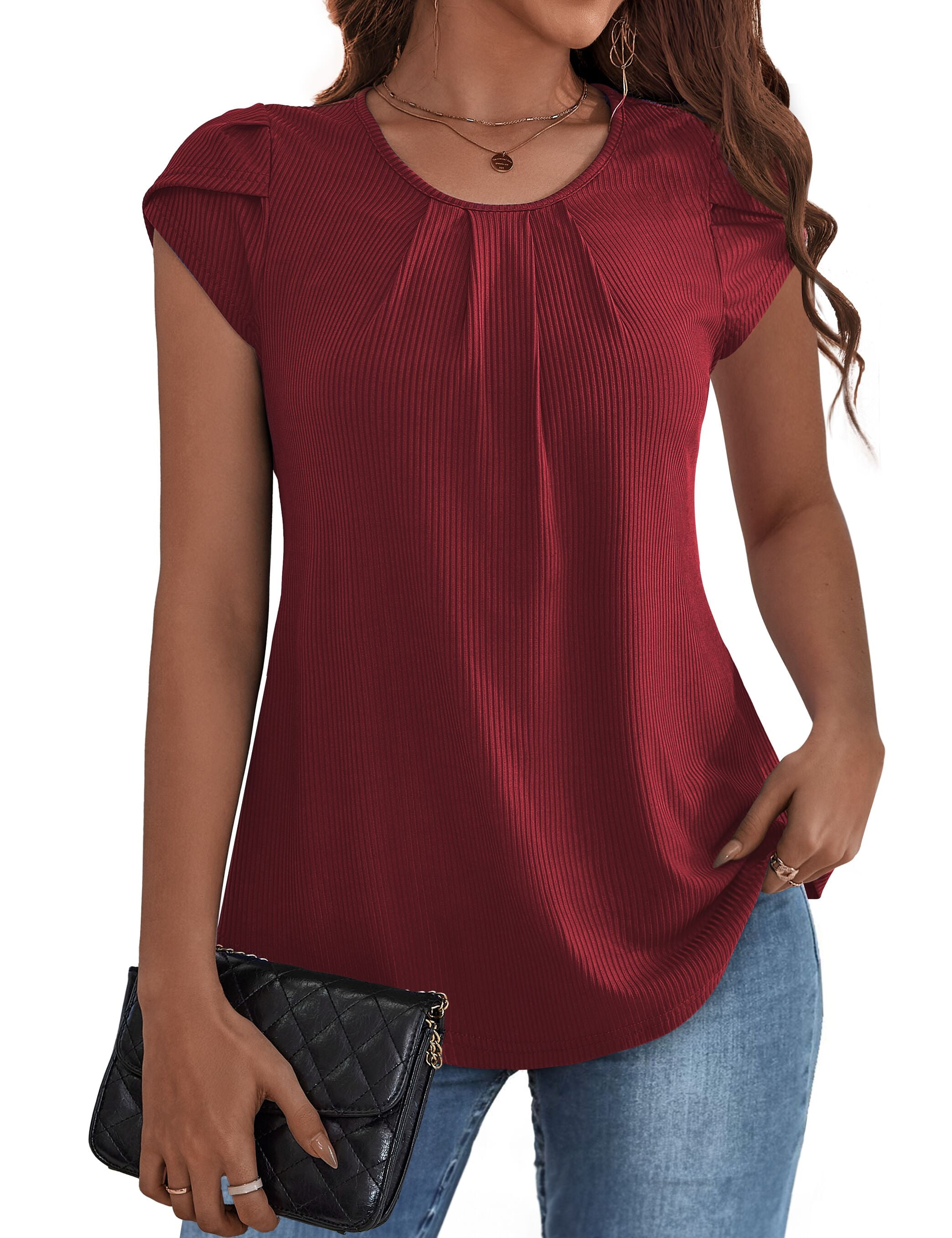 VOIANLIMO Women's Casual Crewneck Wine Red Blouses for women Petal ...