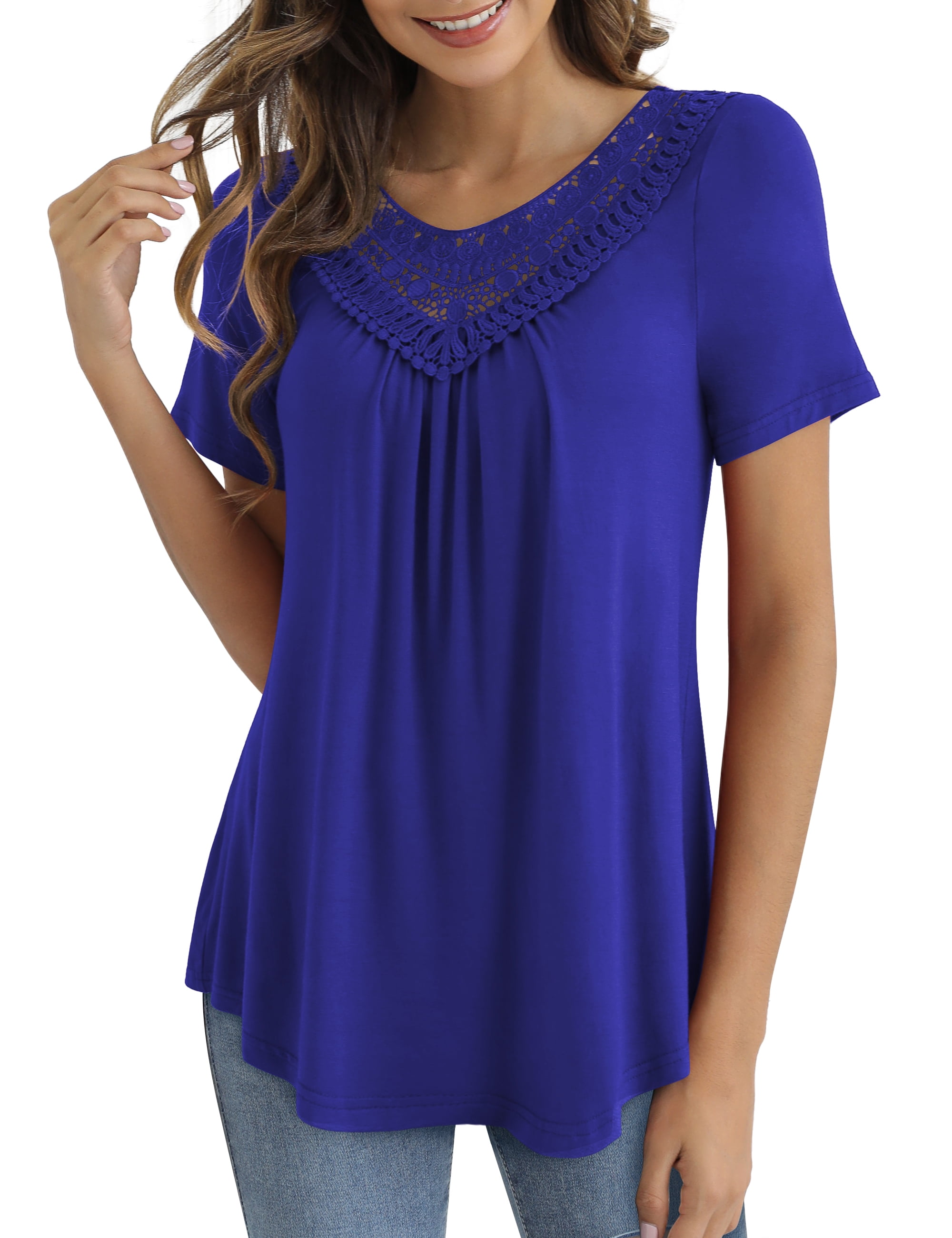 VOIANLIMO Women's Plus Size Summer Tops, Short Sleeve Lace Pleated ...