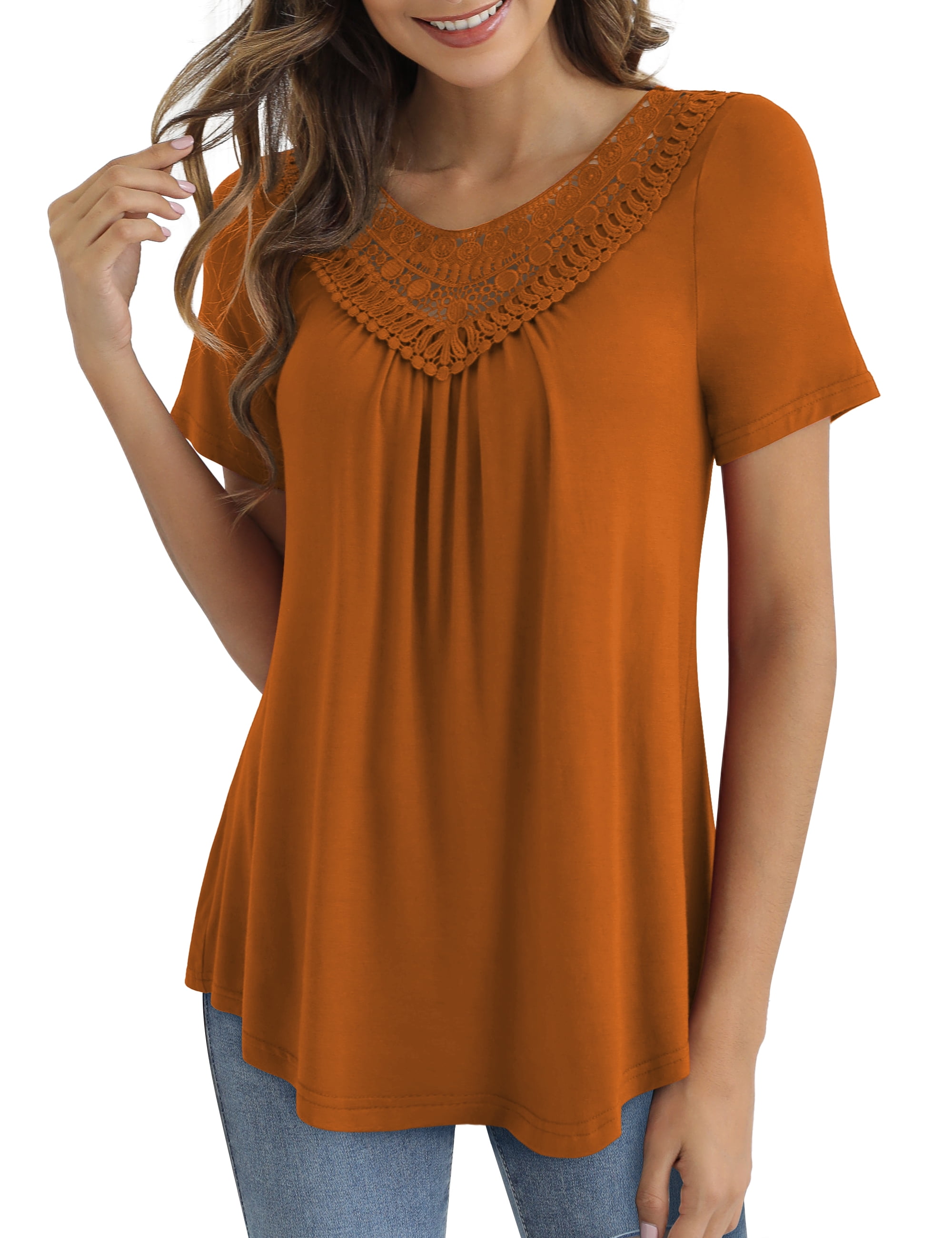 Voianlimo Womens Plus Size Summer Tops Short Sleeve Lace Pleated