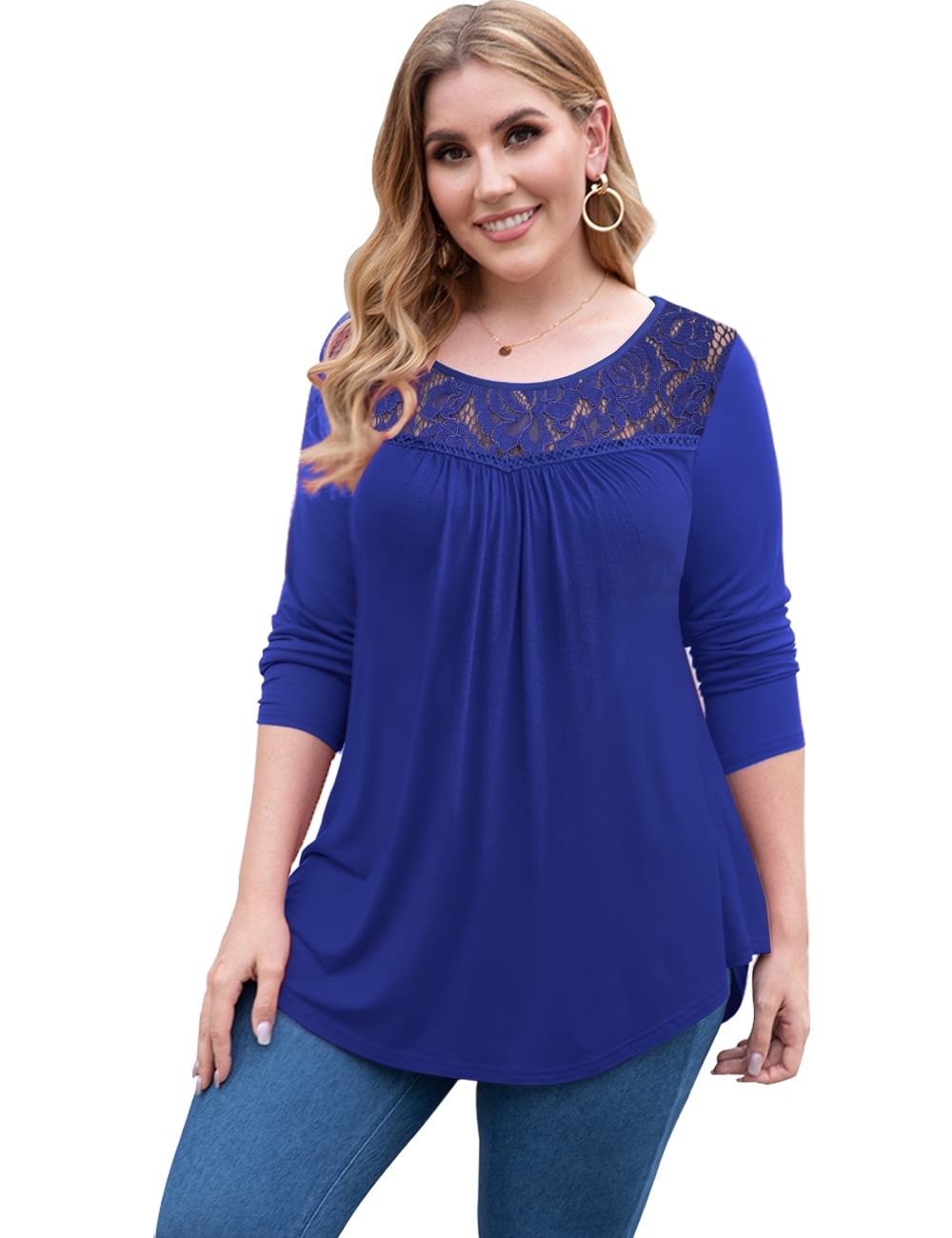 VOIANLIMO Women's Plus Size Tops Casual Long Sleeve Shirts Lace Pleated ...