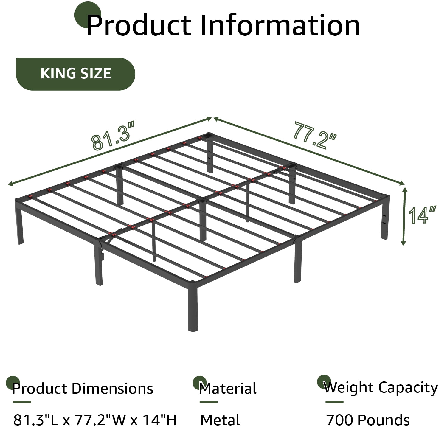 VOLIX 14 Inch UP-Support 11-Leg Deluxe Metal Slat Bed Frame, King ...