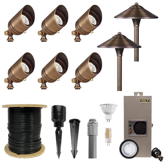 VOLT Brass Outdoor LED Lighting Kit - 6 Spotlights, 2 Path Lights ...
