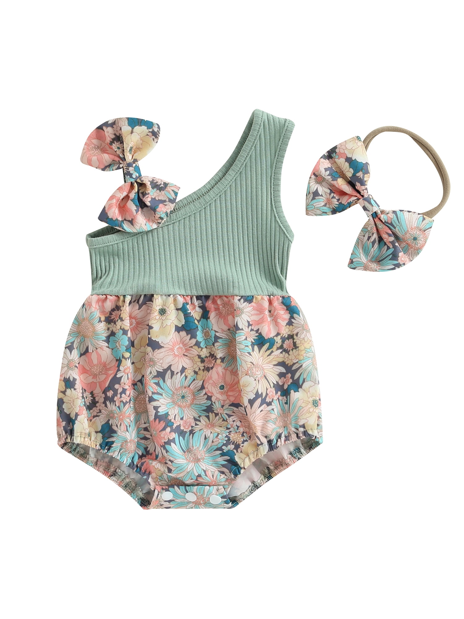VOLTEY Baby Girl Floral Romper and Headband, Summer Sleeveless Outfit 0 ...