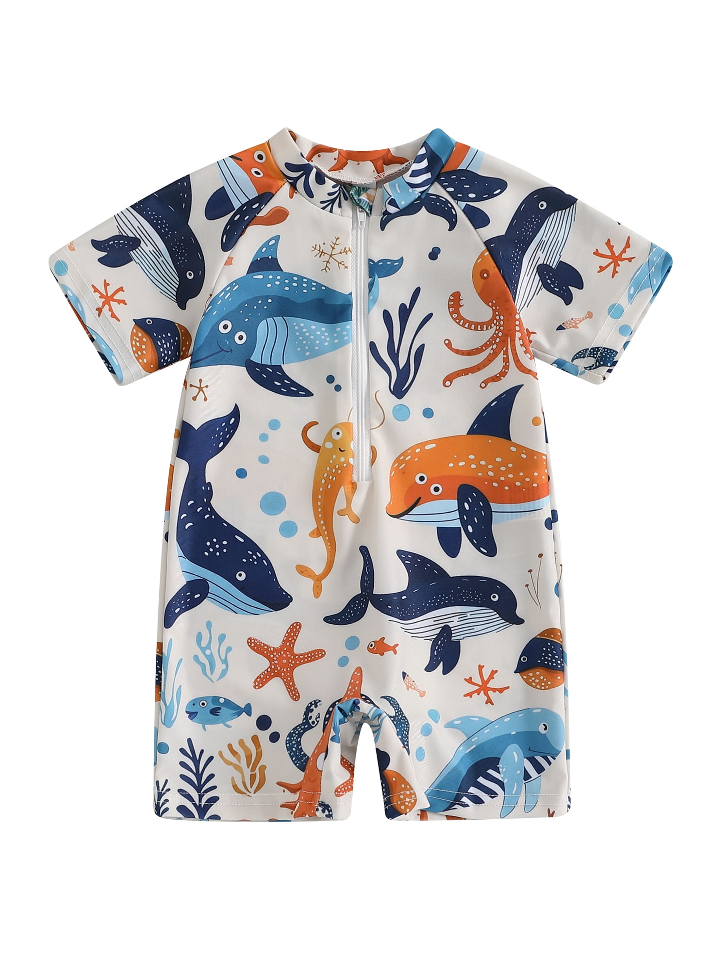 VOLTEY Toddler Boy Girl Swimsuit Shark Print Short Sleeve Mock Neck Zip ...