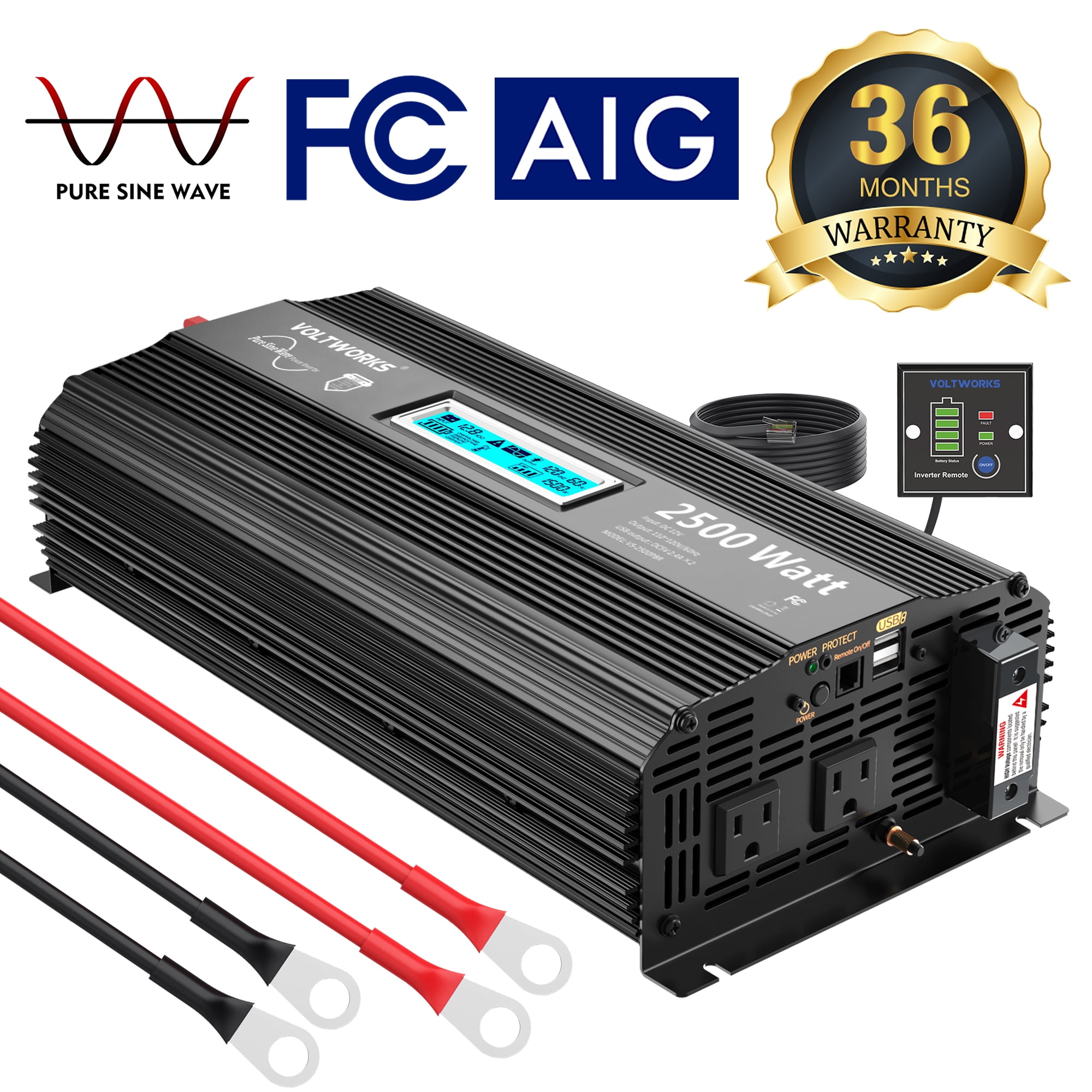 VOLTWORKS Power Inverter 2500 Watts Pure Sine Wave Inverter DC 12V to 110V 120V AC with LCD ...