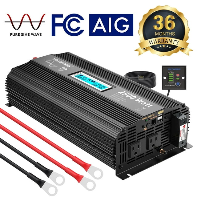 Voltworks 2500W Power Inverter, Pure Sine Wave, DC 12V to AC, LCD, Dual ...