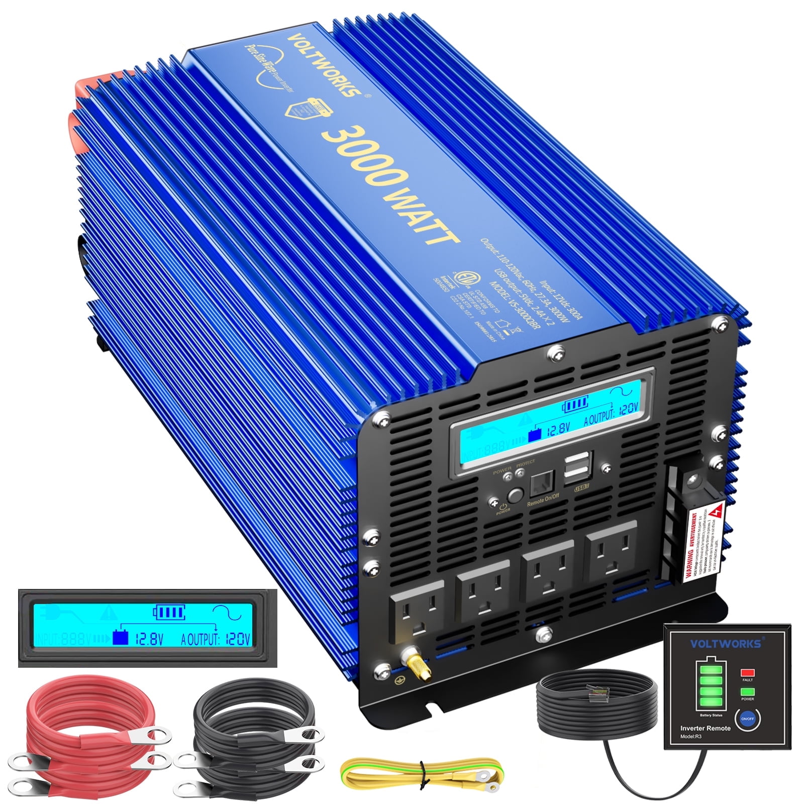 VOLTWORKS 3000 Watts Pure Sine Wave Power Inverter DC 12V for Car RV Truck Boat Off-Grid Solar ...