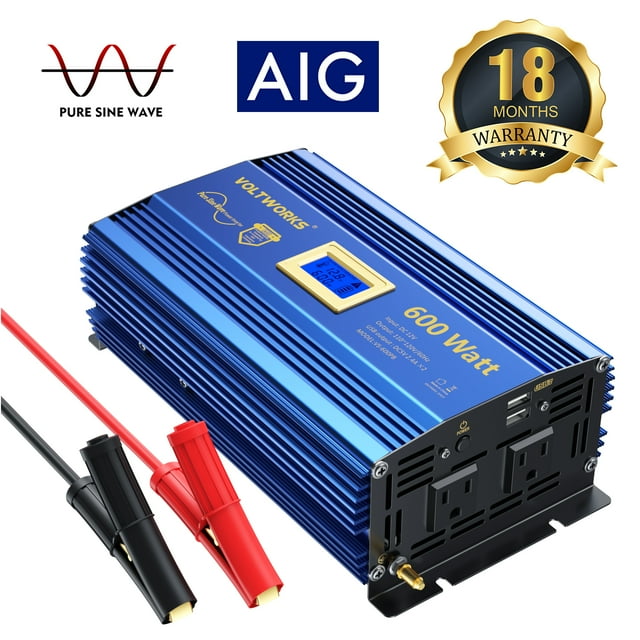 VOLTWORKS 600W Power Inverter, Pure Sine Wave DC 12V to AC 110V, Dual 2.4A USB & LCD for Truck ...