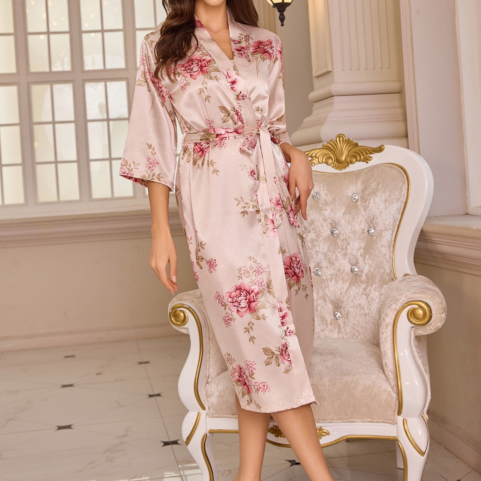 VONCOS Silk Robes for Women Floral Nightgowns and Kimono Robes Sets ...