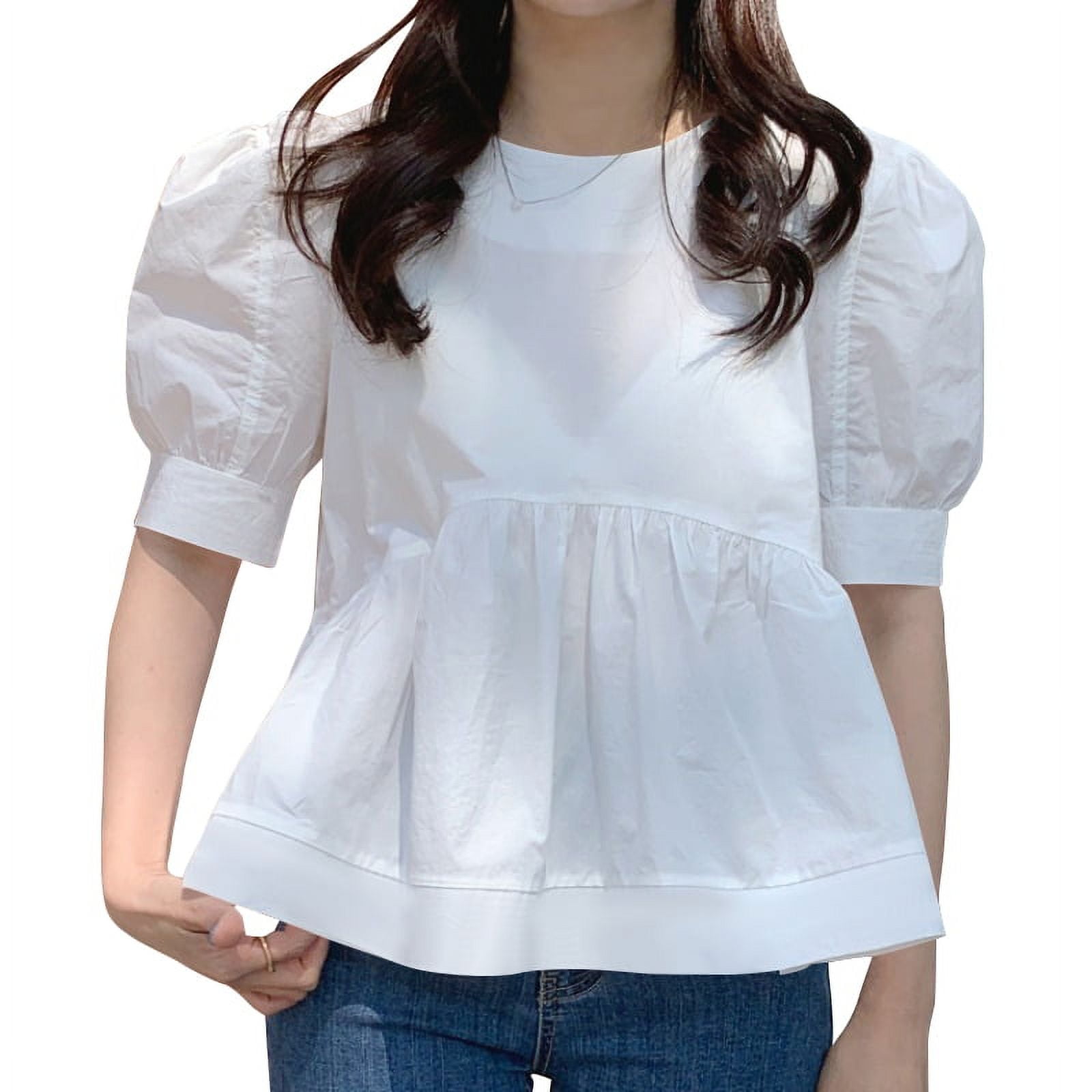VONDA Women Elegant Pleated Solid Color Ruffled Hem Tops O-Neck Puff ...