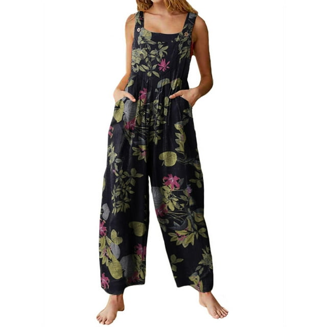 VONDA Boho Women's Cotton Linen Sleeveless Jumpsuits, Solid Floral ...