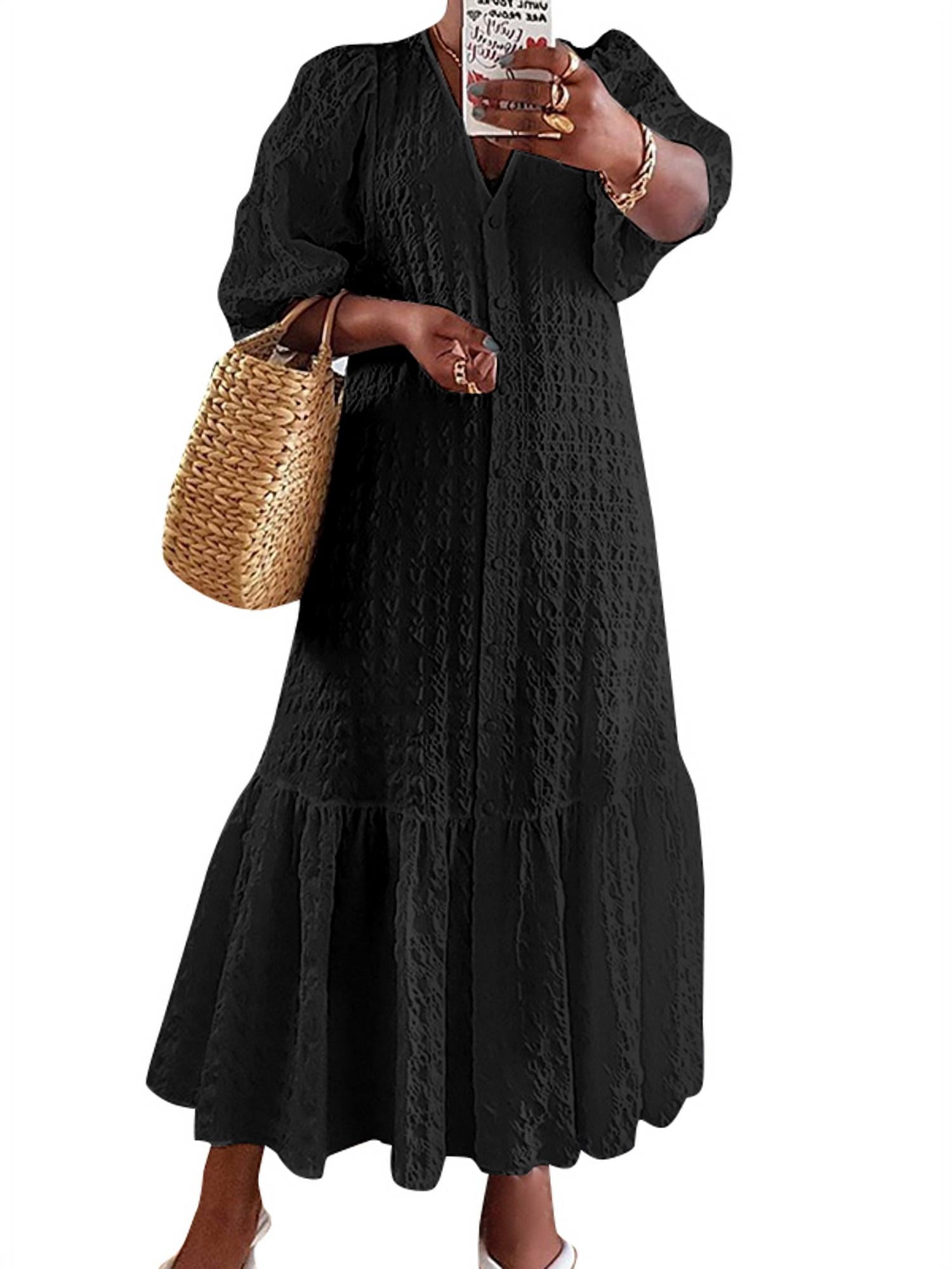 Vonda Women's Half Sleeve Ruffle Hem Dress, V Neck, Ankle-Length ...