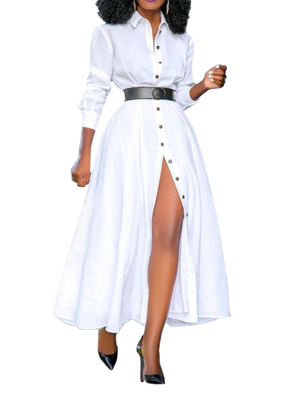 VONDA Women's Turn Down Collar Long Dress Solid Long Sleeve Bottons ...
