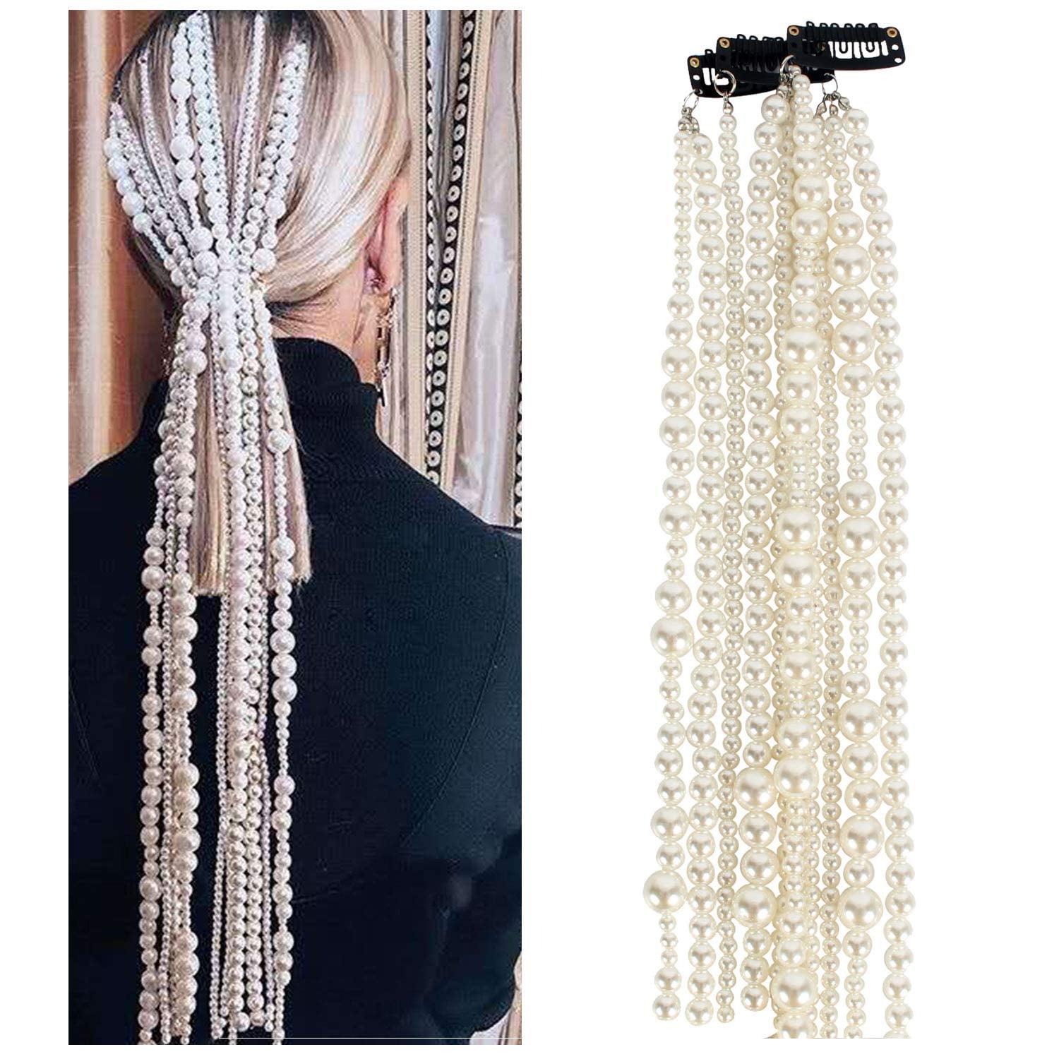 VONTER Pearl Hair Extension Chains White Long Tassel Multi Strand Hair ...
