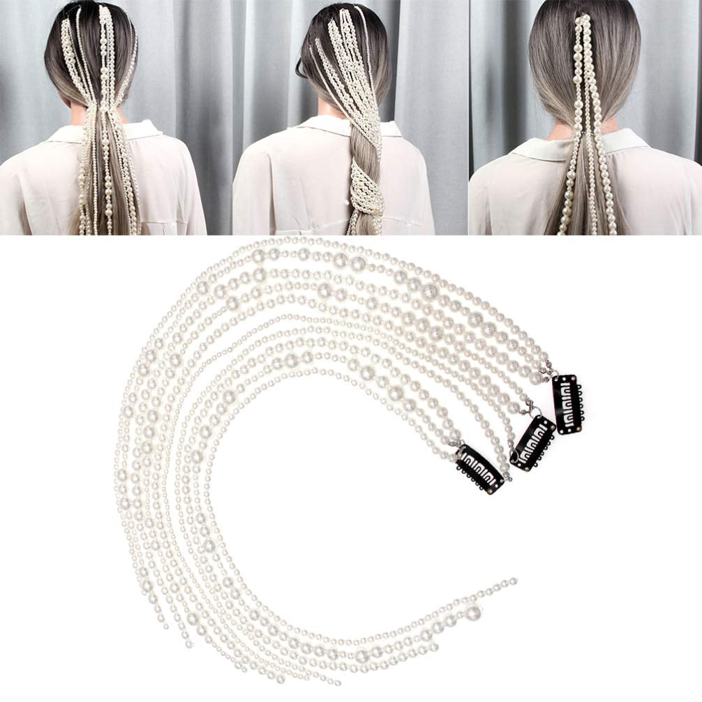 VONTER Pearl Hair Extension Chains White Long Tassel Multi Strand Hair ...