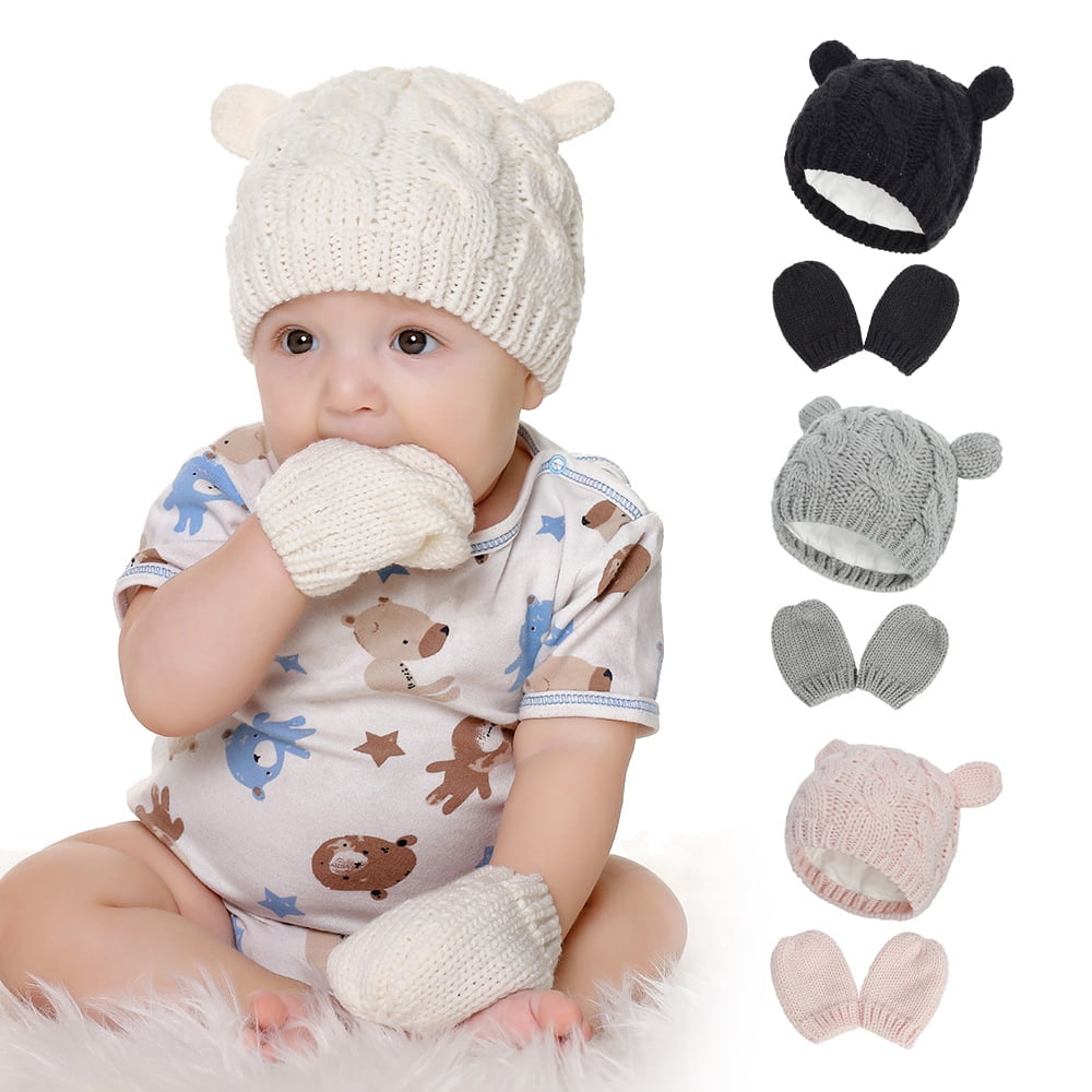 VOOPET Newborn Baby Girl Boy Winter Warm Knitted Hats Gloves Set Plush ...