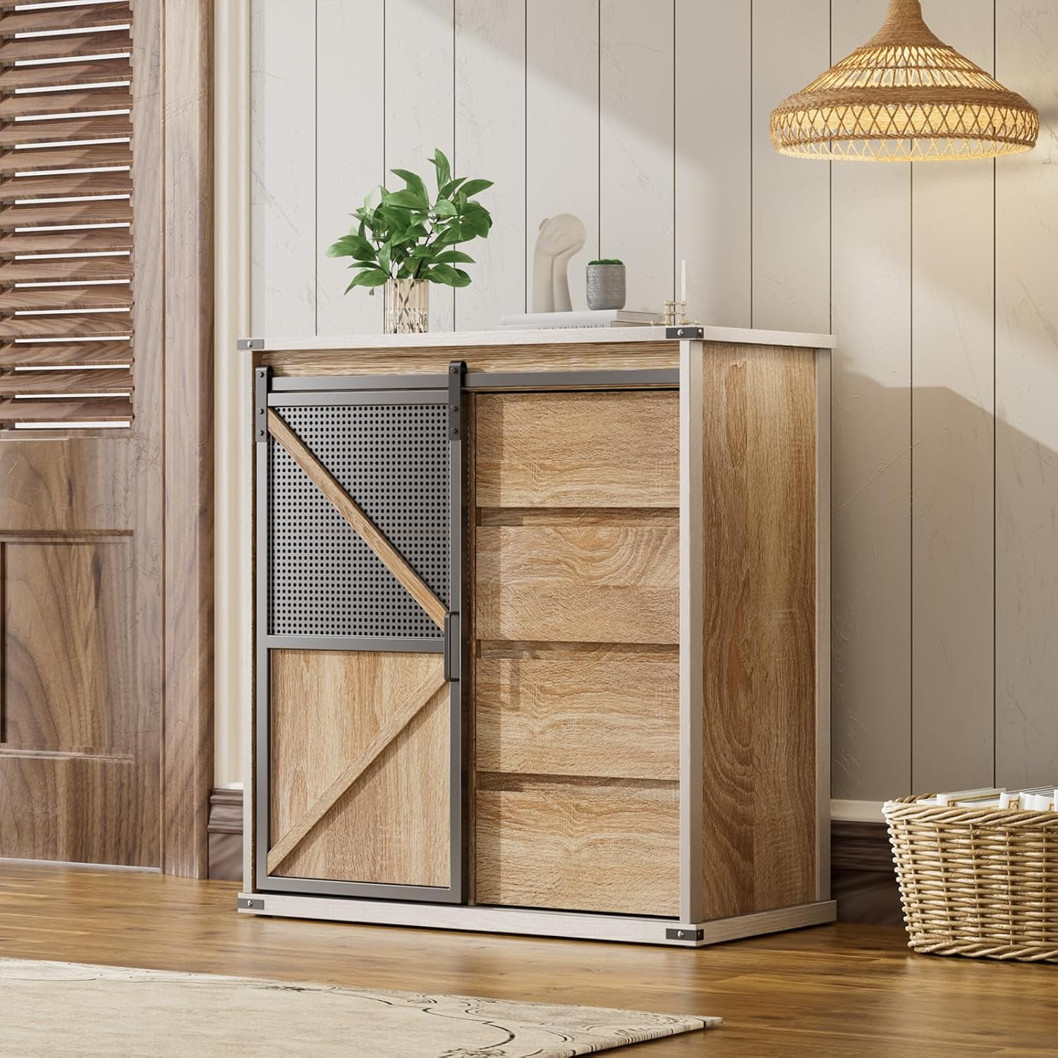 VOPEAK 4 Drawers Farmhouse Dressers for Bedroom with Sliding Barn Door ...