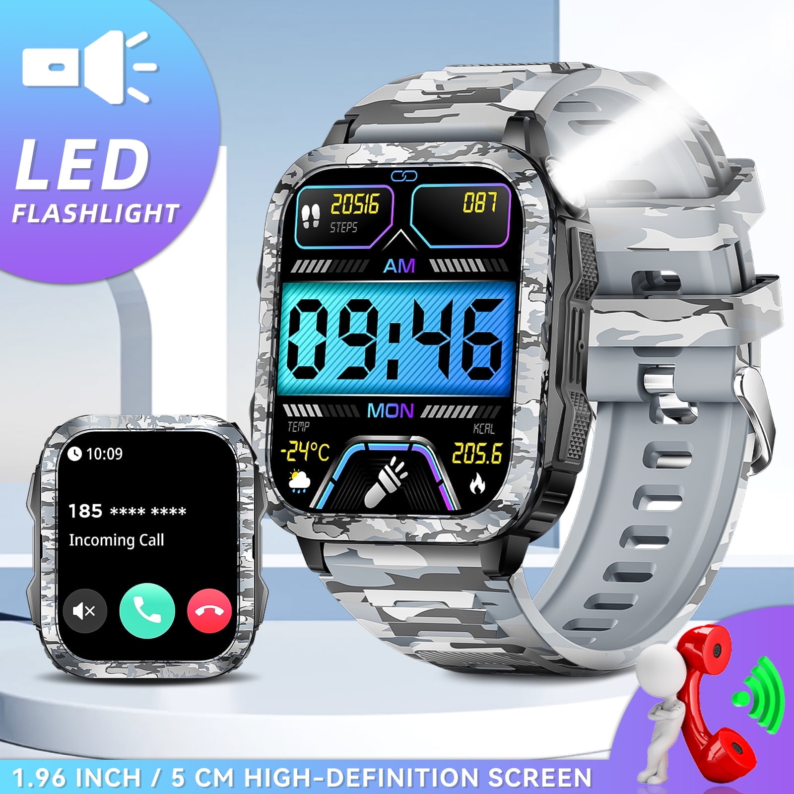 VOPOCO KT79 Smart Watch for Men with LED Flashlight 3ATM Waterproof ...