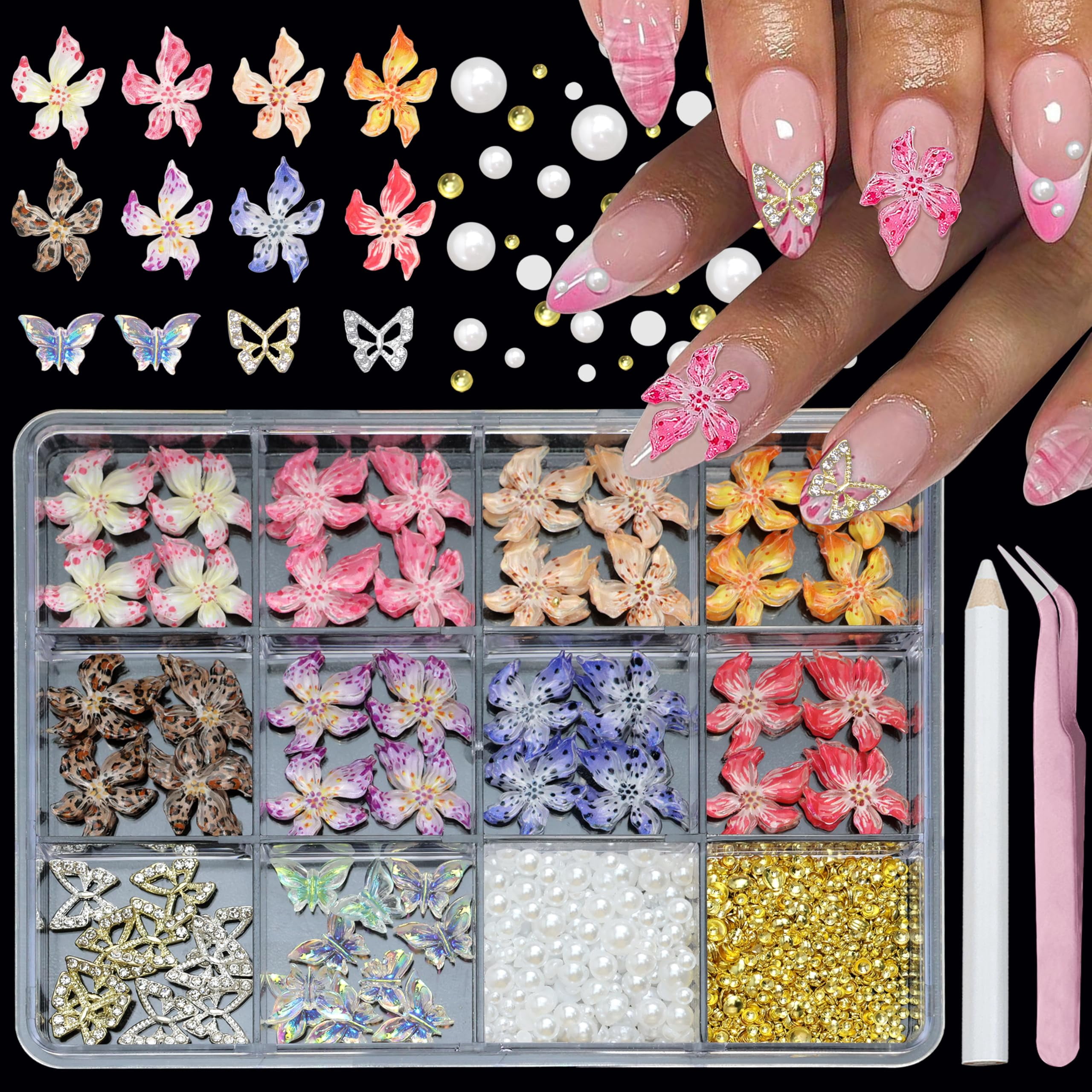 VOTACOS 200+PCS 3D Flower TMA2 Nail Charms, Nail Gems Pearls Gold ...