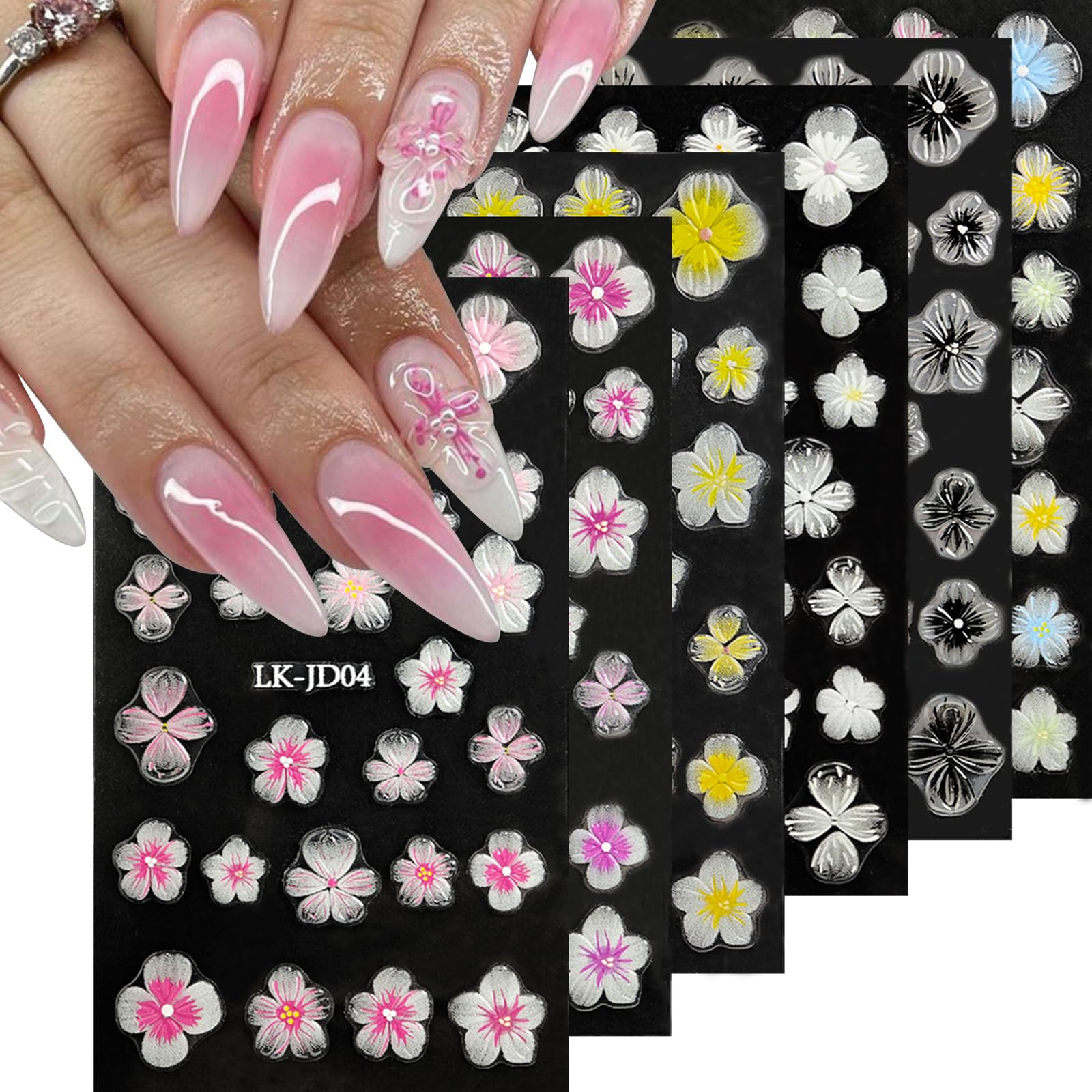VOTACOS Flowers Nail Stickers 5D Embossed Nail Art 6 Sheets Colorful ...