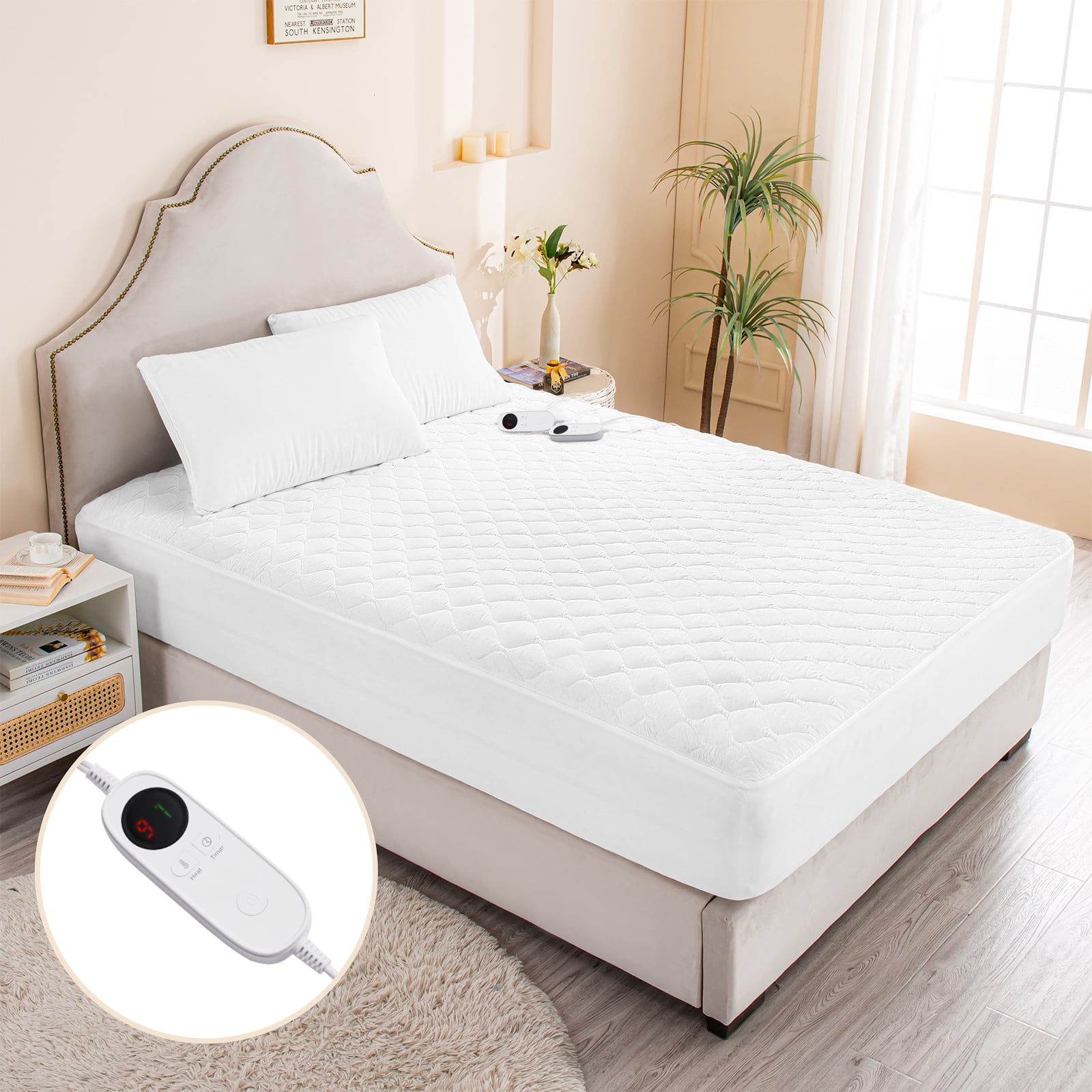 VOUA Twin Size Electric Heated Mattress Pad, Dual Control, Quilted Bed ...