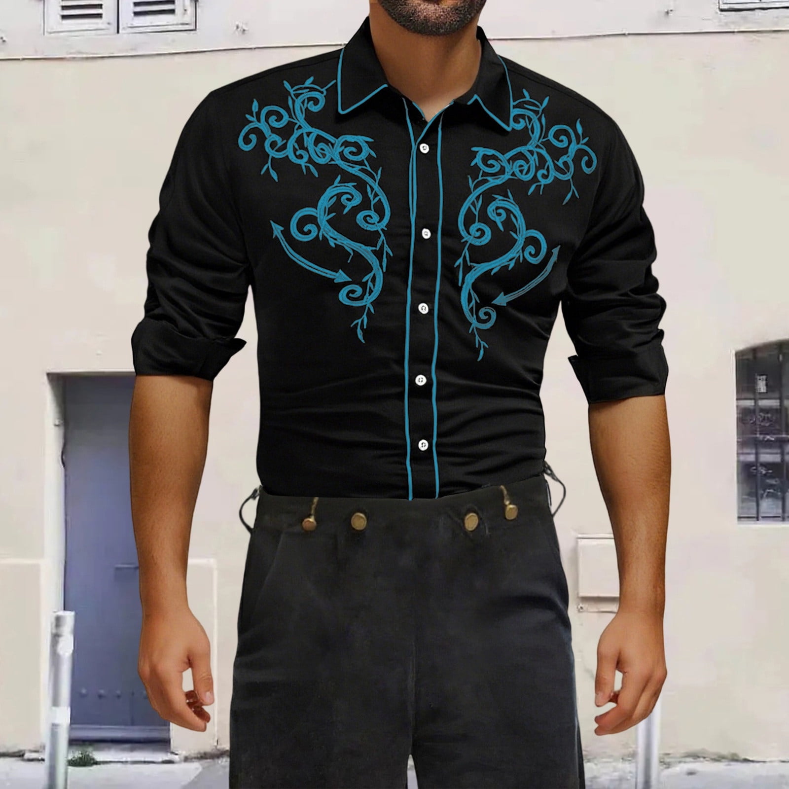 VOUZZA Mens Western Cowboy Shirt Solid Color Embroidered Slim Fit Long ...