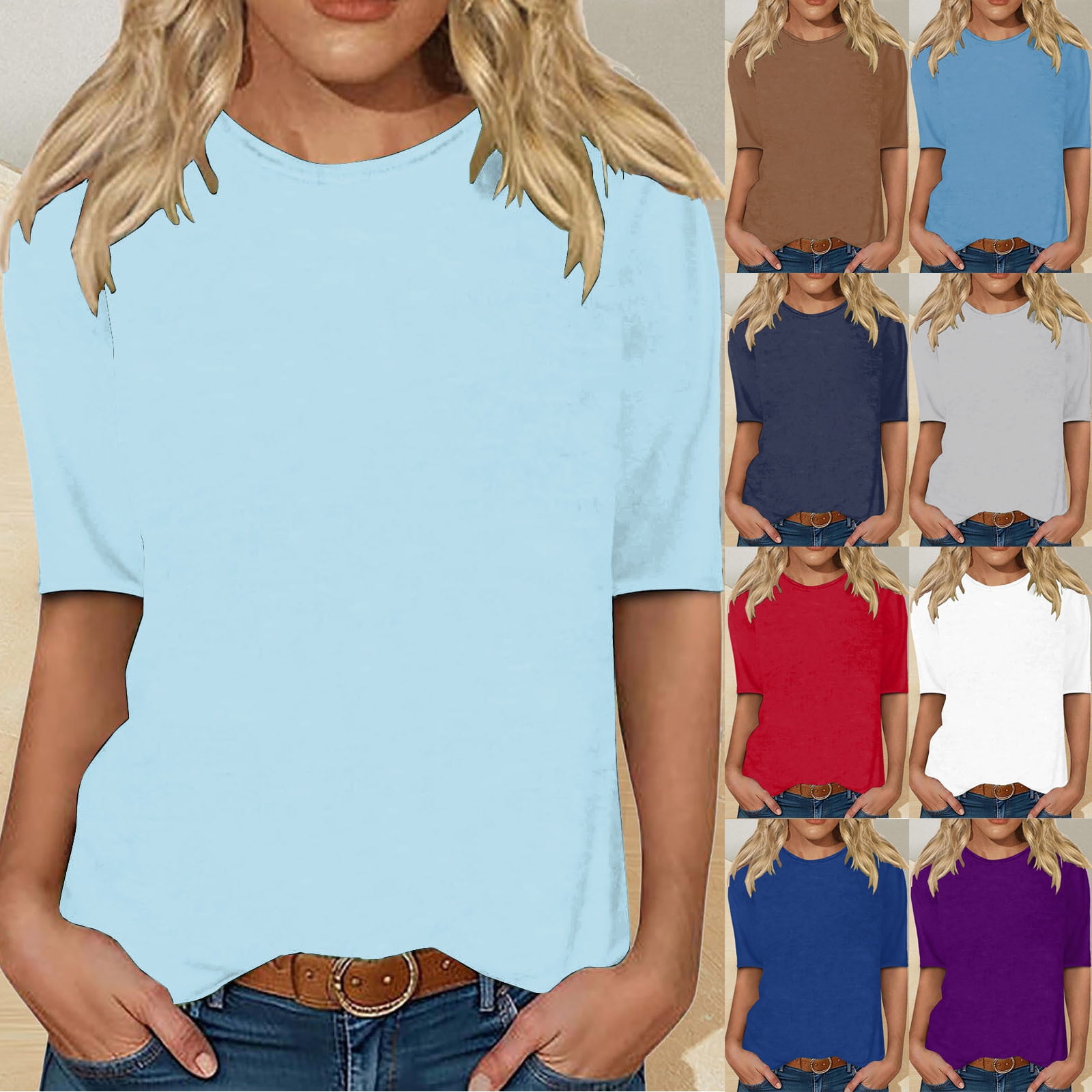 VOUZZA Womens T-Shirts Elbow-Length Crew Neck Shirt Casual Comfortable ...