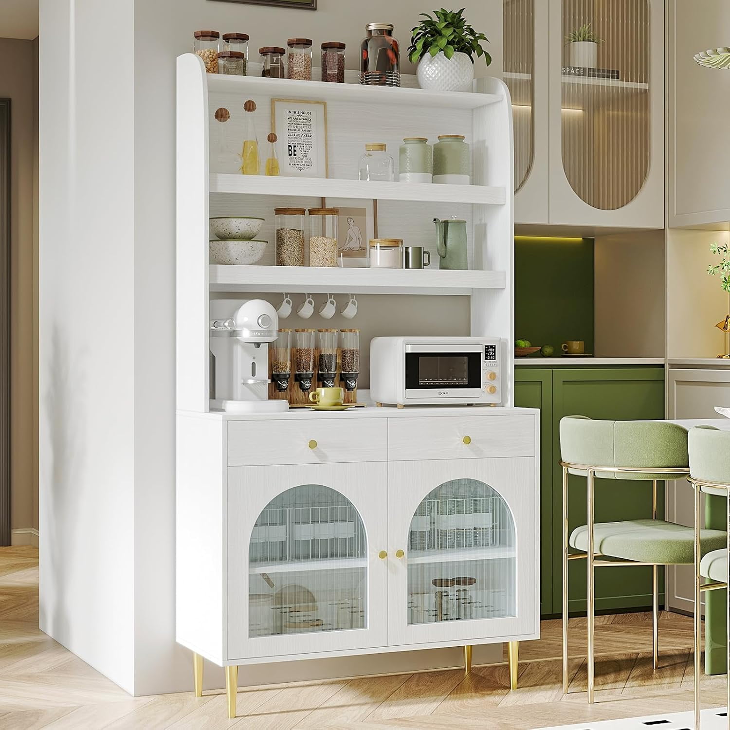 VOWNER 71" Kitchen Hutch Storage Cabinet with 2 Glass Doors and 2 ...