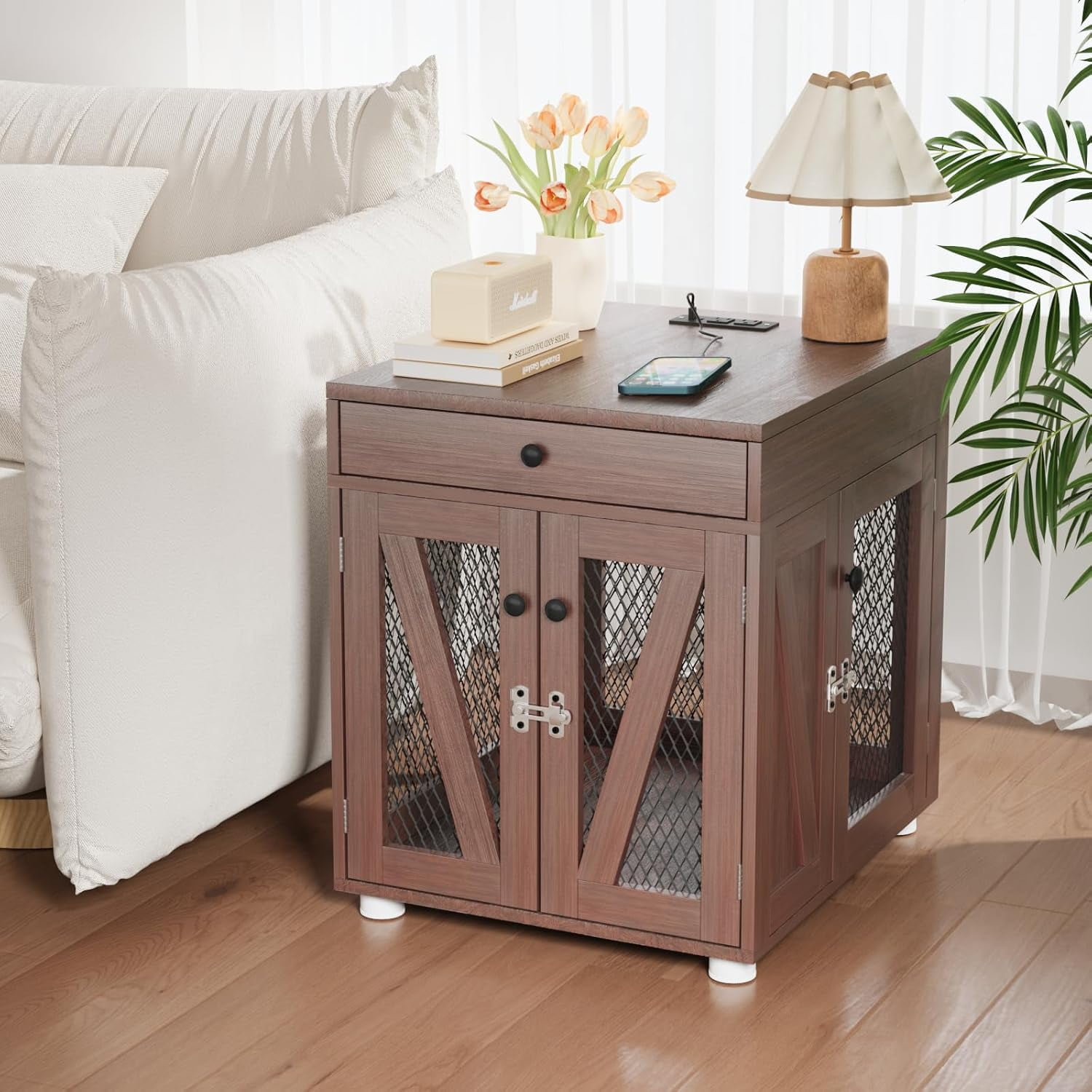 VOWNER Dog Crate Furniture, Wooden Dog Kennel End Table with USB ...