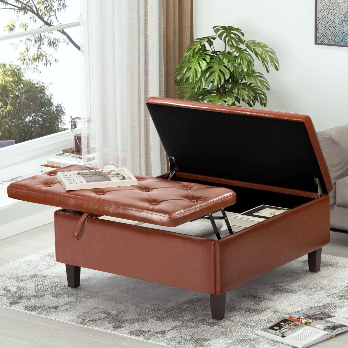 VOWNER Large Square Storage Ottoman with Lift Top Tufted Upholstered ...