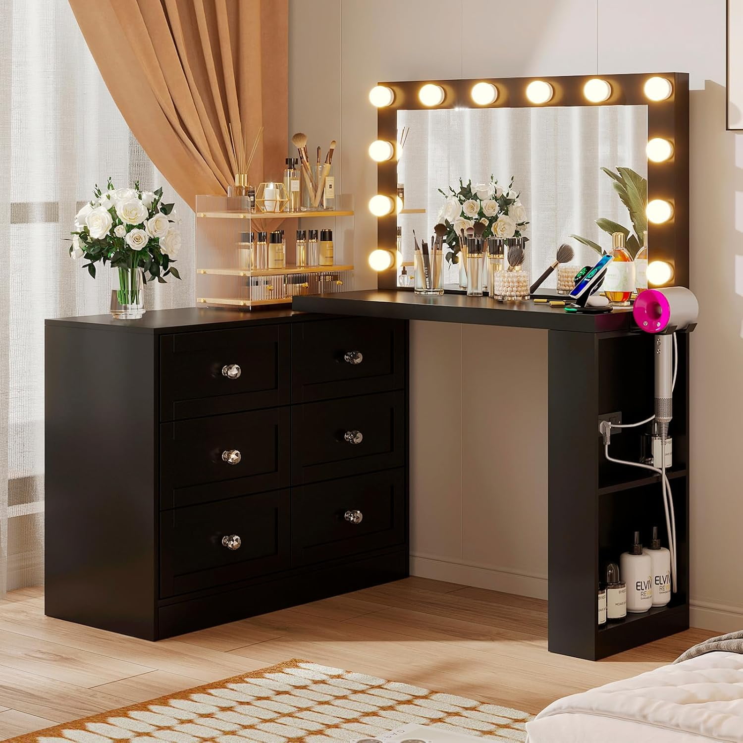 VOWNER Makeup Vanity Desk with Mirror and Lights Power Outlet, Corner ...