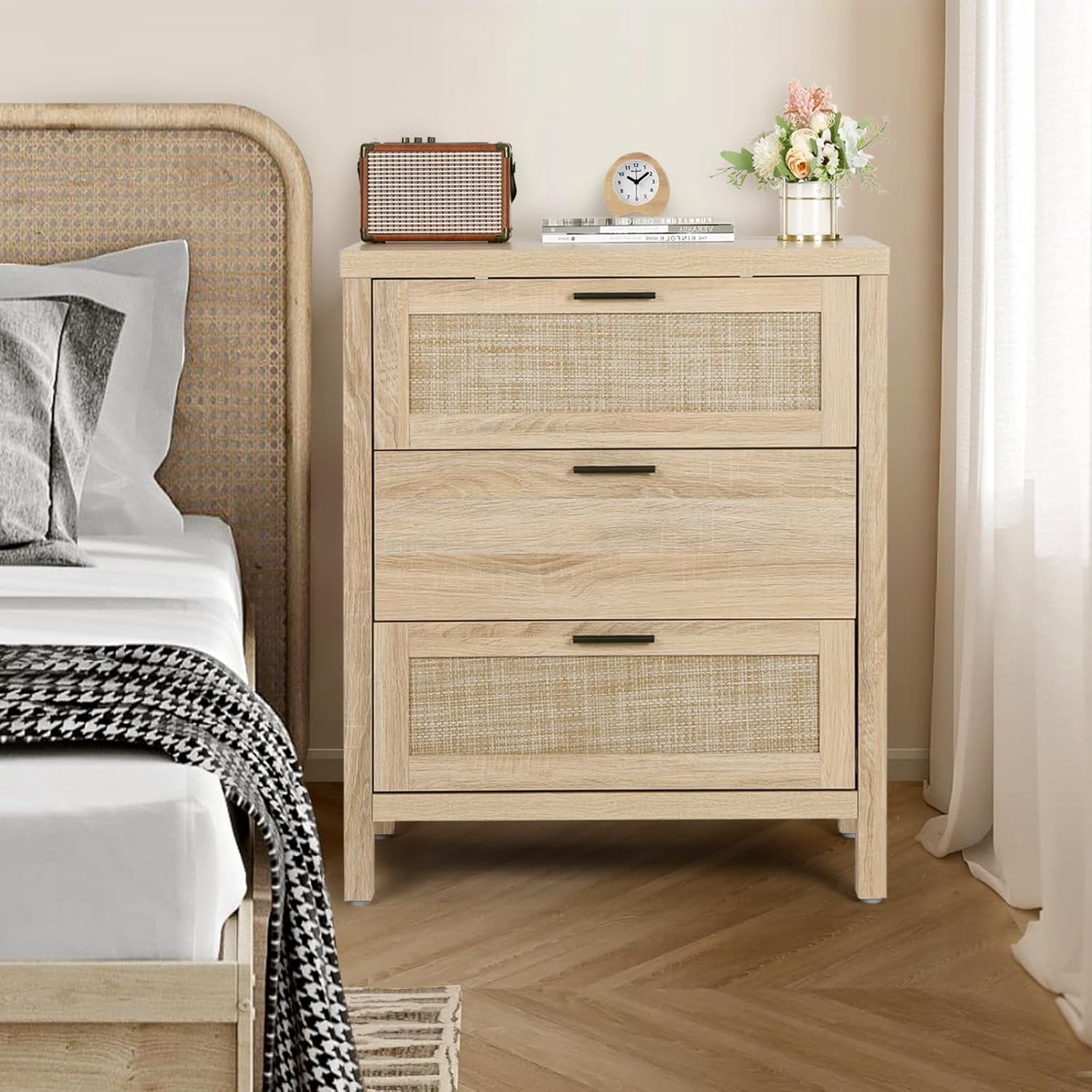 VOWNER Rattan Drawer Dresser, Wood Storage Chest of Drawers with Black ...