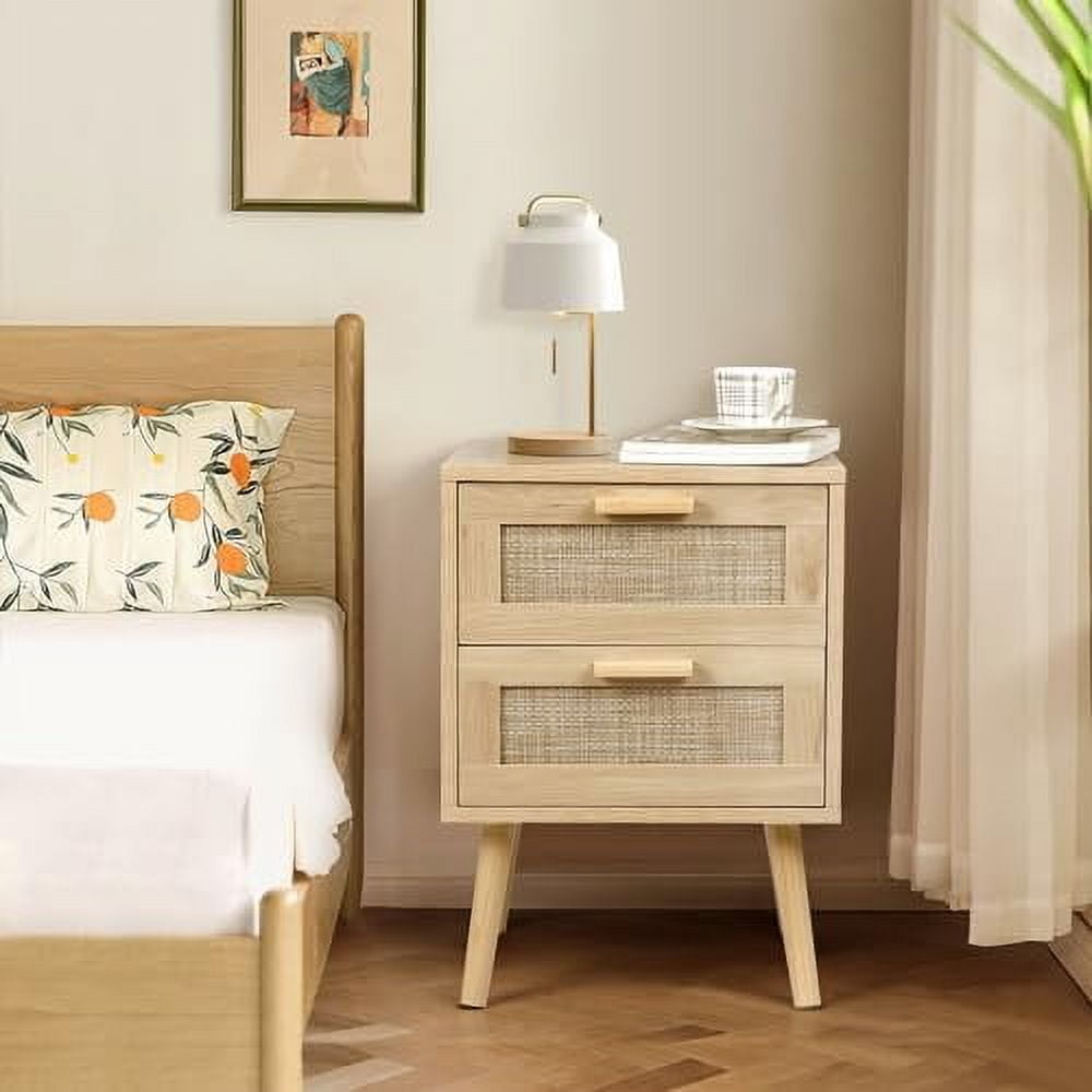 VOWNER Rattan Nightstand, Night Stand with 2 Hand Made Rattan Decorated Drawers, Wood Accent ...