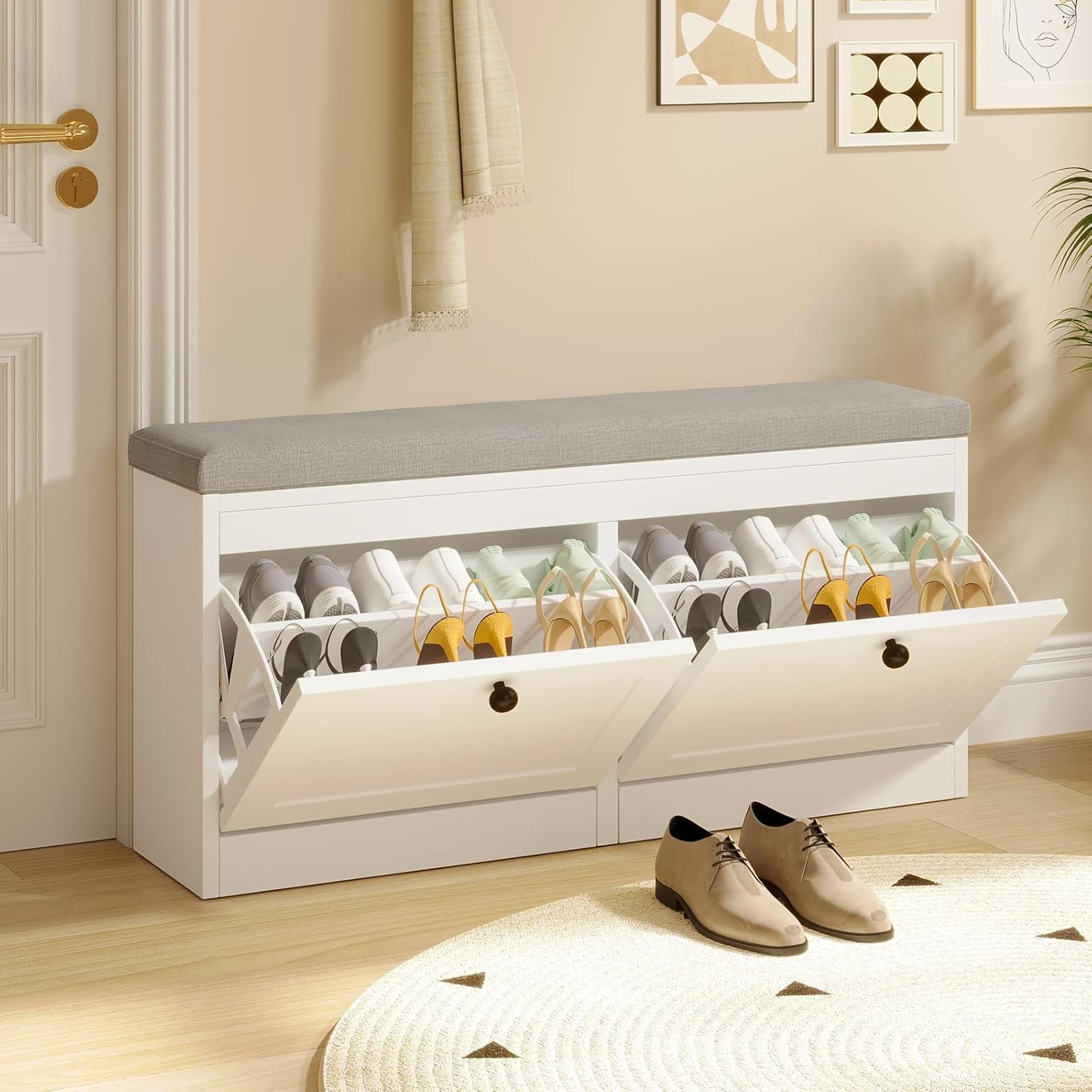 VOWNER Shoe Bench with 2 Flip Drawers, Shoe Organizer Storage Bench ...