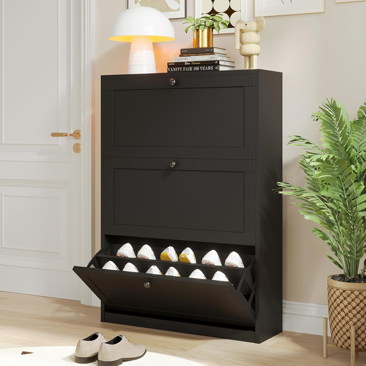 VOWNER Shoe Cabinet with 3 Flip Drawers, Freestanding Shoe Storage Cabinet with Adjustable Shelf ...