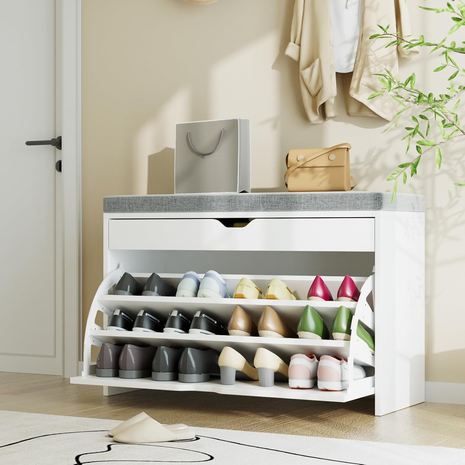 VOWNER Shoe Storage Bench with 3-Tier Flip Drawer, Shoe Rack Bench with ...