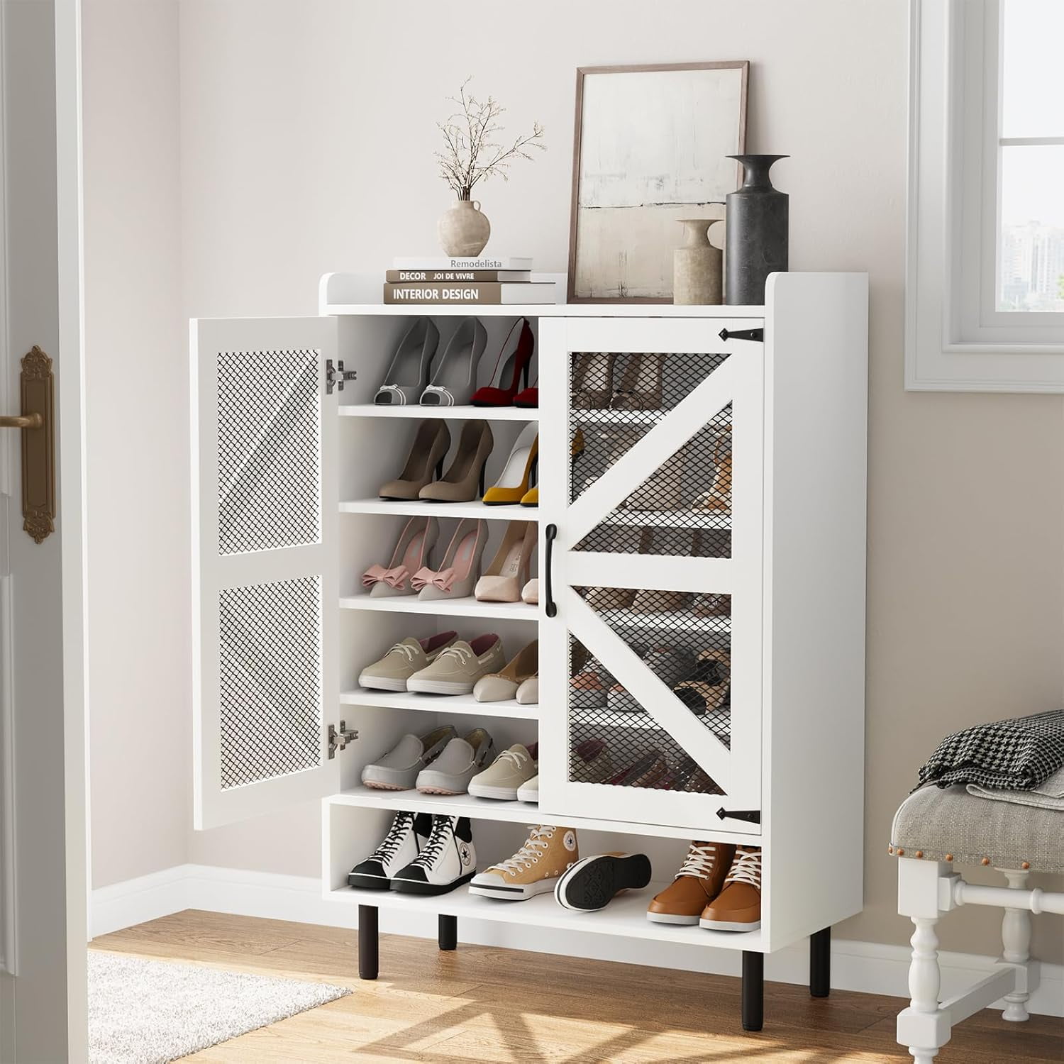 VOWNER Shoe Cabinet with Mesh Doors, 6-Tier Shoe Storage Cabinet with ...