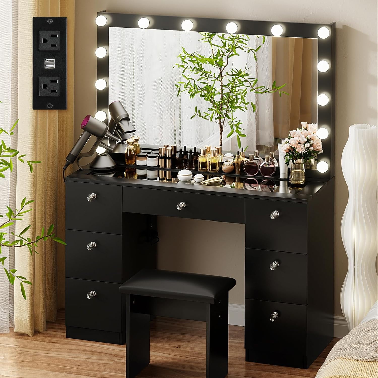 VOWNER Vanity with Lighted Mirror - Makeup Vanity Desk with Glass Top ...
