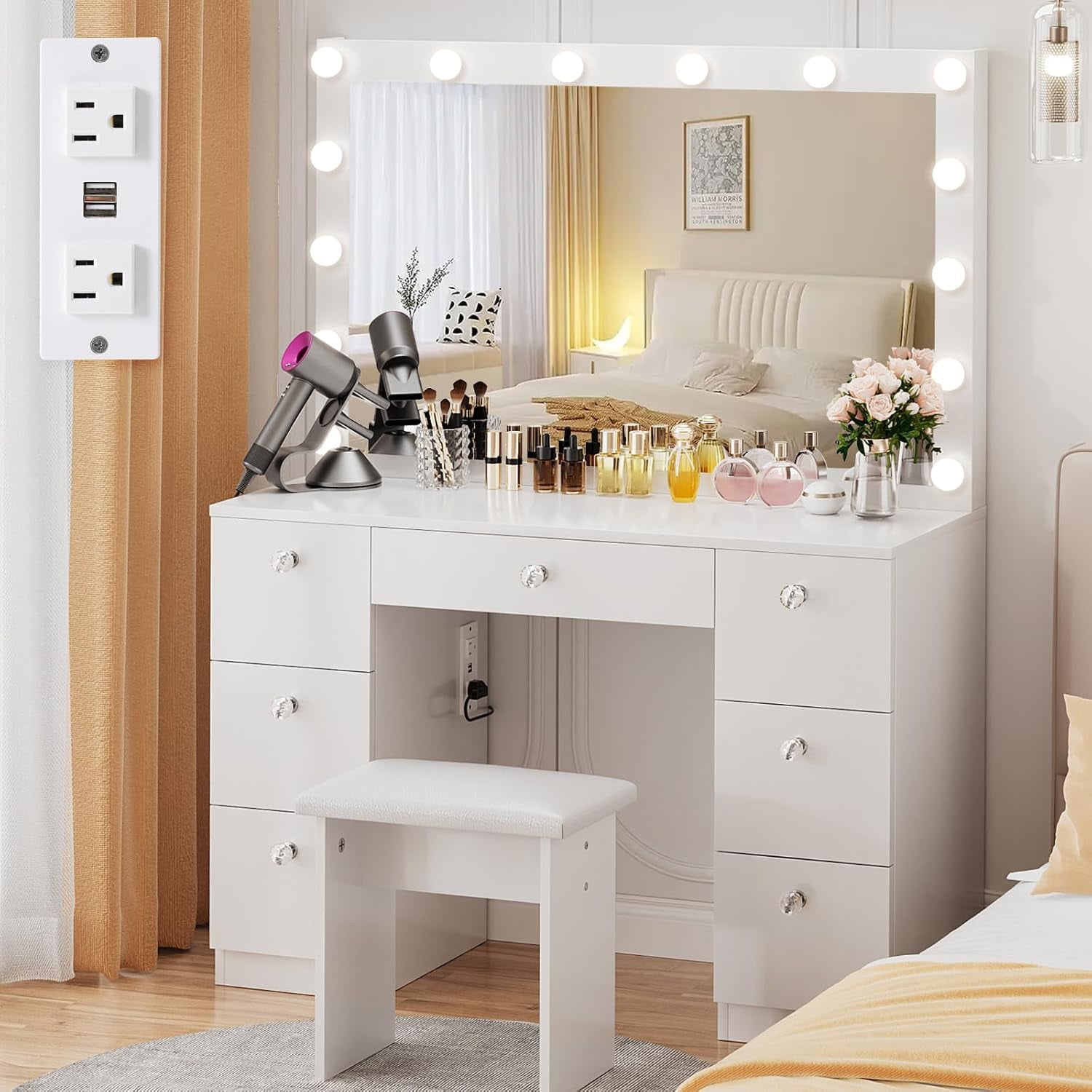 VOWNER Vanity with Lighted Mirror - Makeup Vanity Desk with Power ...