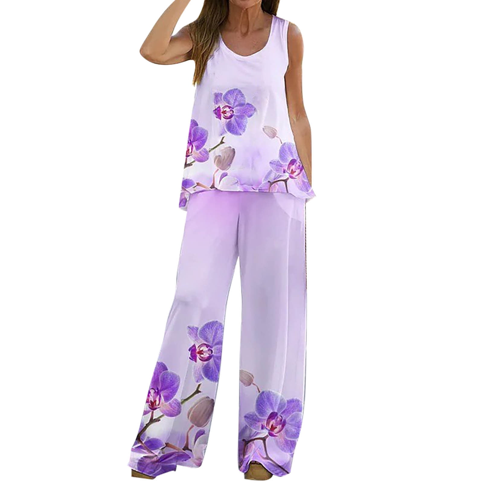Voyoao Women 2 Piece Outfits Casual Boho Floral Print Sleeveless Tank