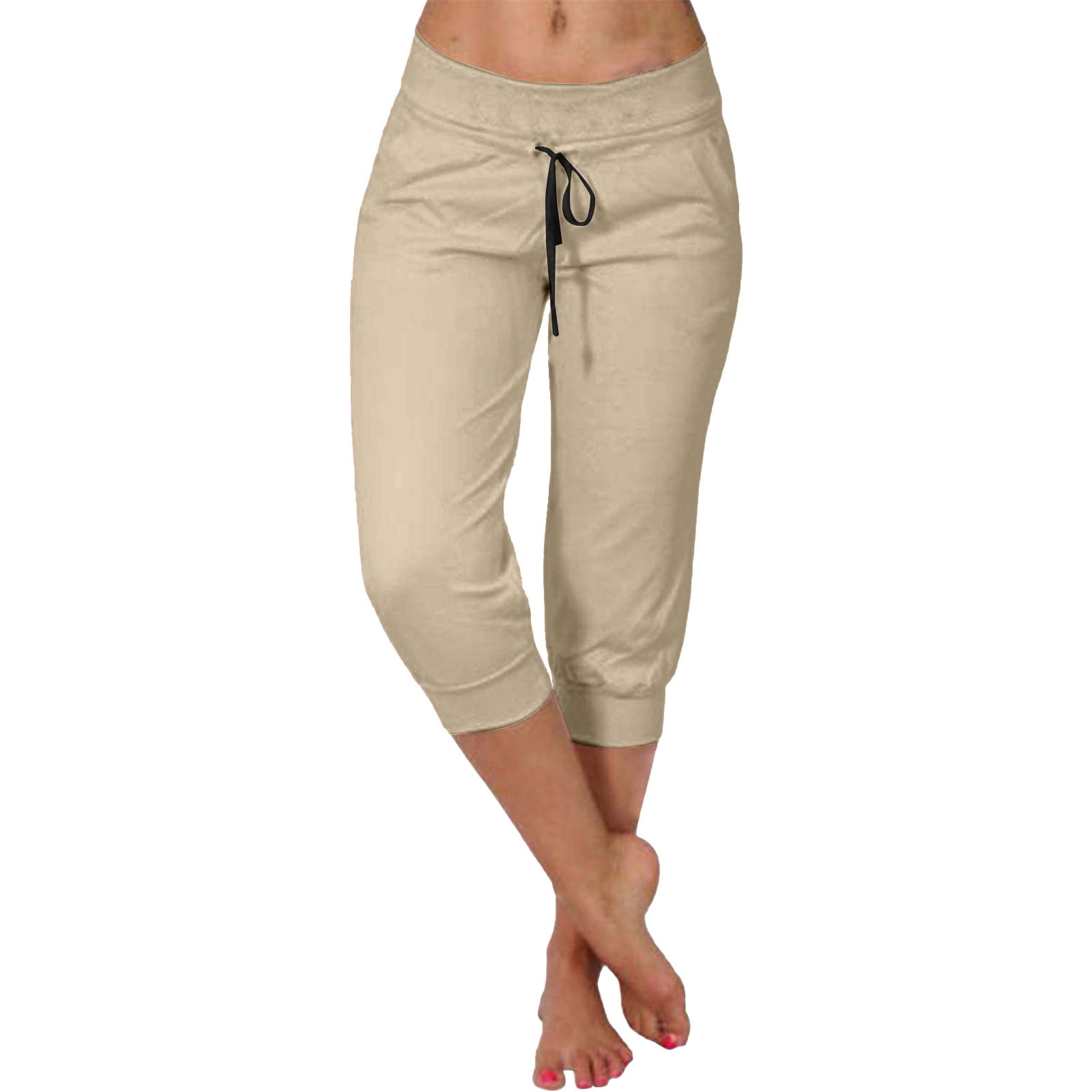 Voyoao Womens Capris Pants Cropped Joggers Elastic Waist Drawstring
