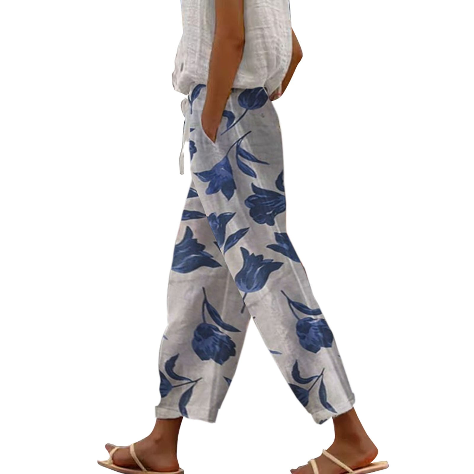 Voyoao Womens Summer Pants Casual Boho Floral Print Cropped Trousers