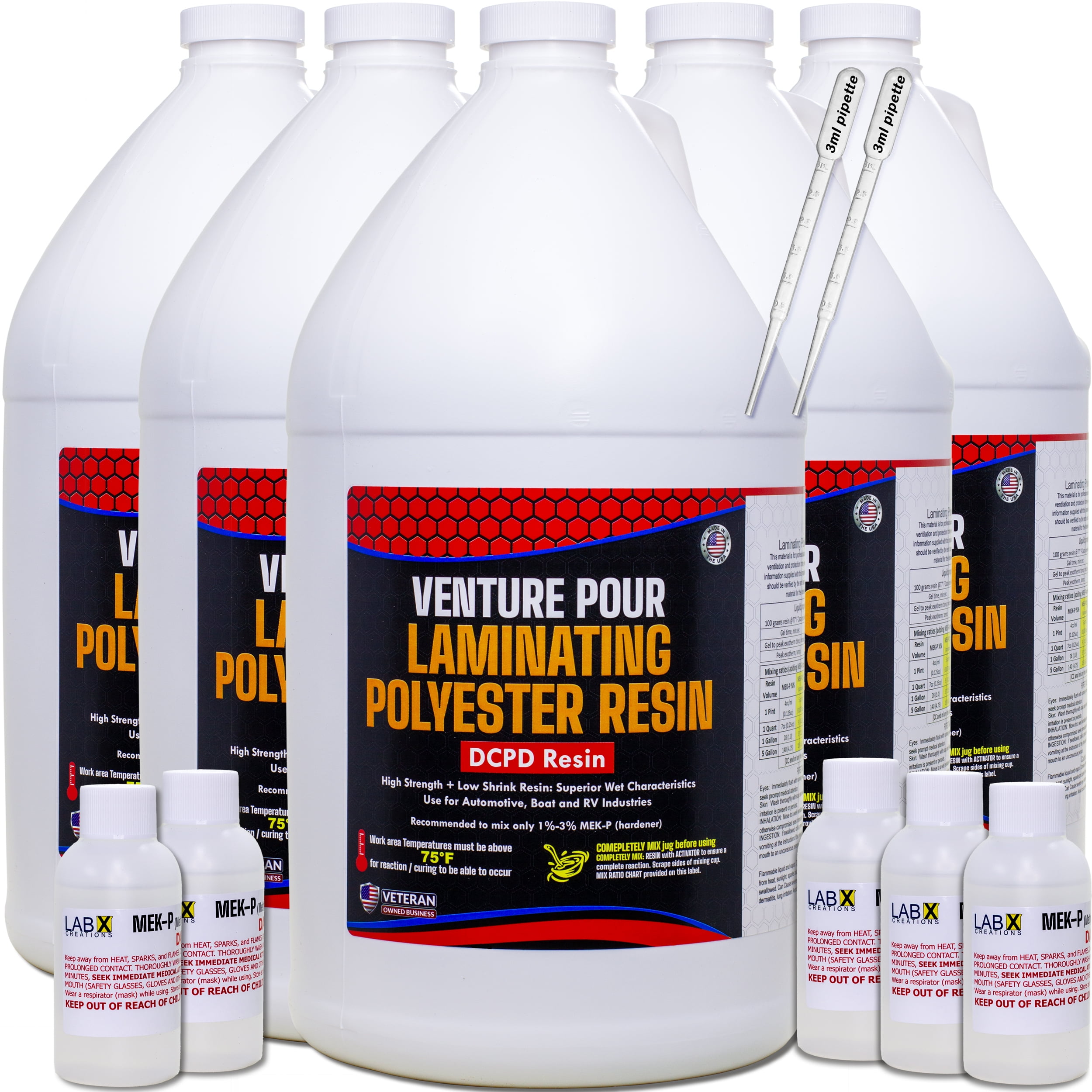 Lab X 5 Gallon Polyester Resin + MEKP Hardener, Ideal for Laminating ...