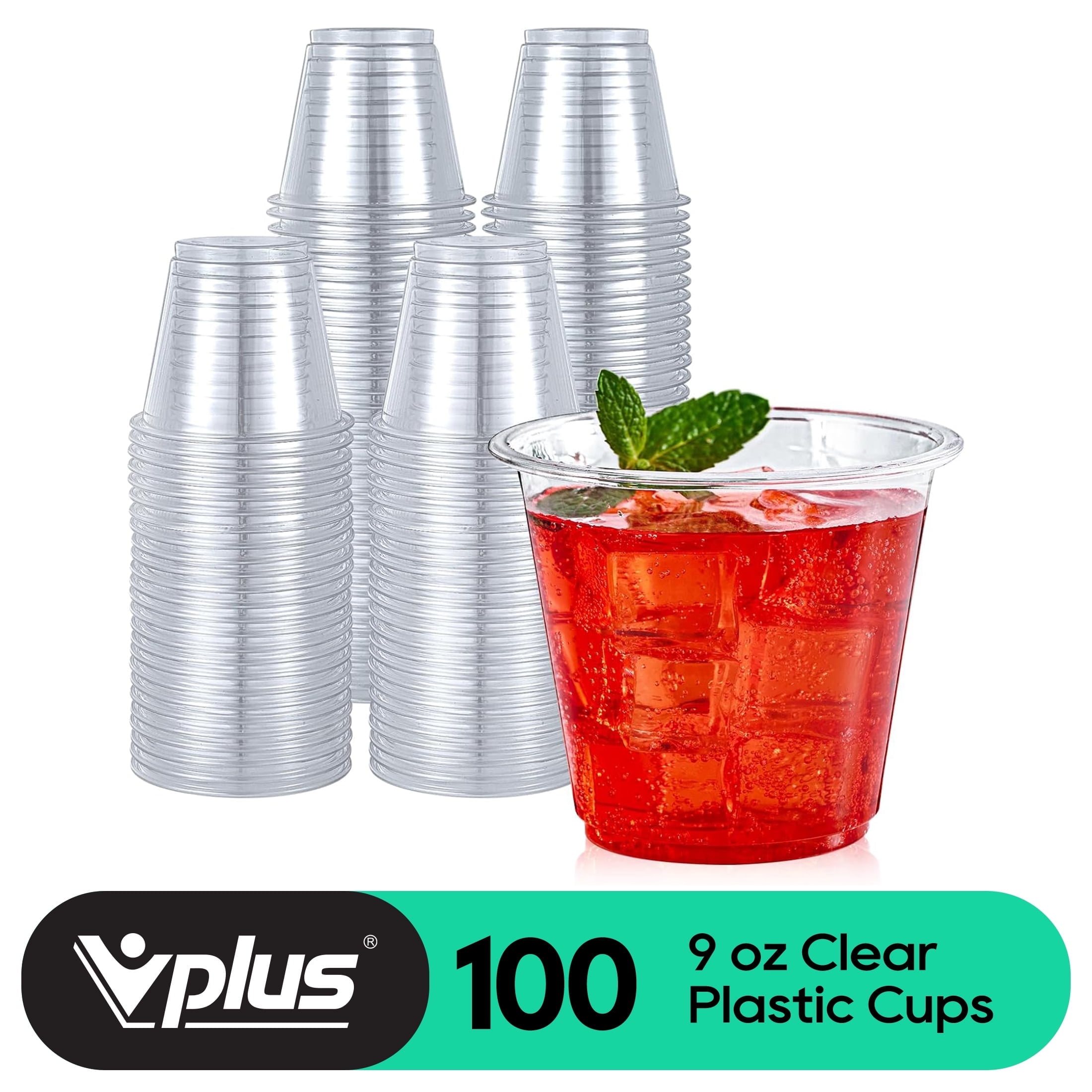 VPLUS 100 Pack 9oz Clear Plastic Cups, Disposable Crystal Drinking Cups ...