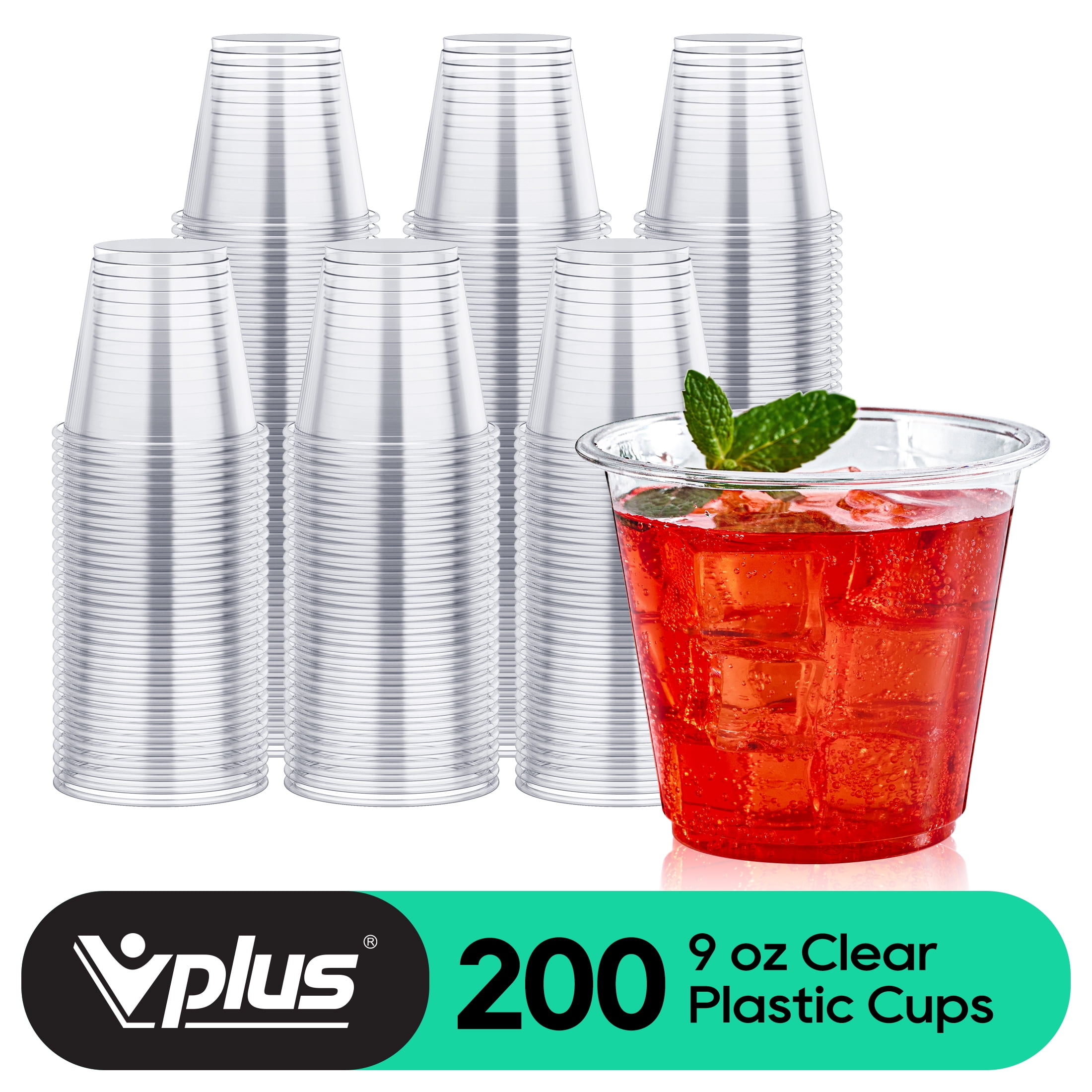 VPLUS 200 Pack 9oz Clear Plastic Cups, Disposable Crystal Drinking Cups ...