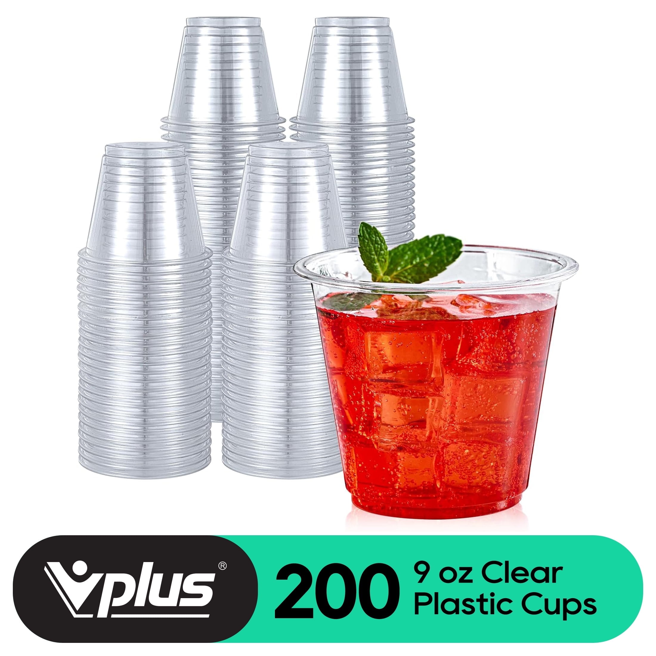VPLUS 200 Pack 9oz Clear Plastic Cups, Disposable Crystal Drinking Cups ...