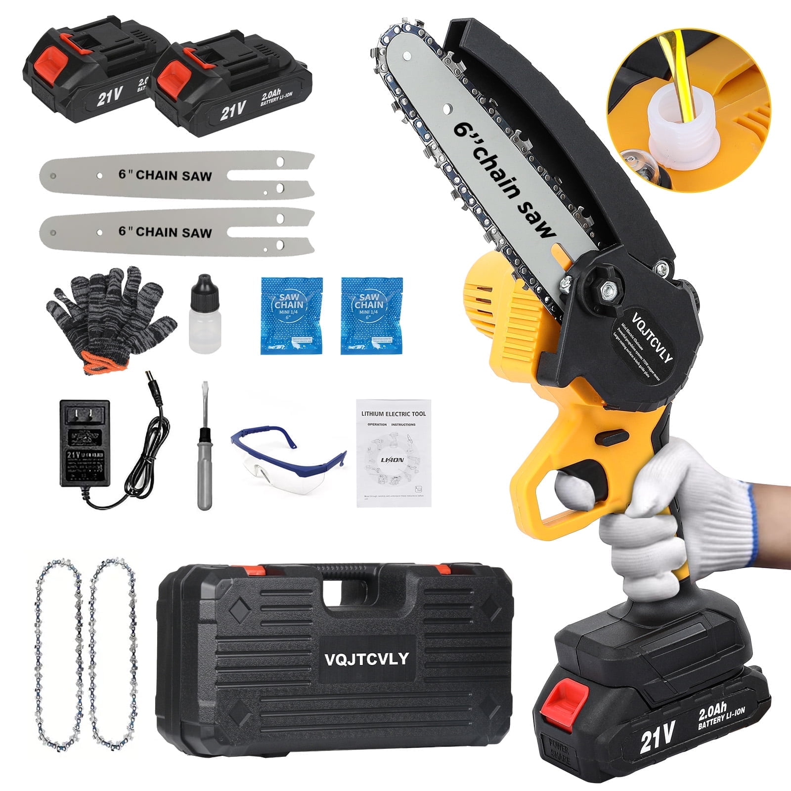 VQJTCVLY 6 inch Mini Chainsaw with 2x21V 2000mAh Batteries and 2 Chains ...