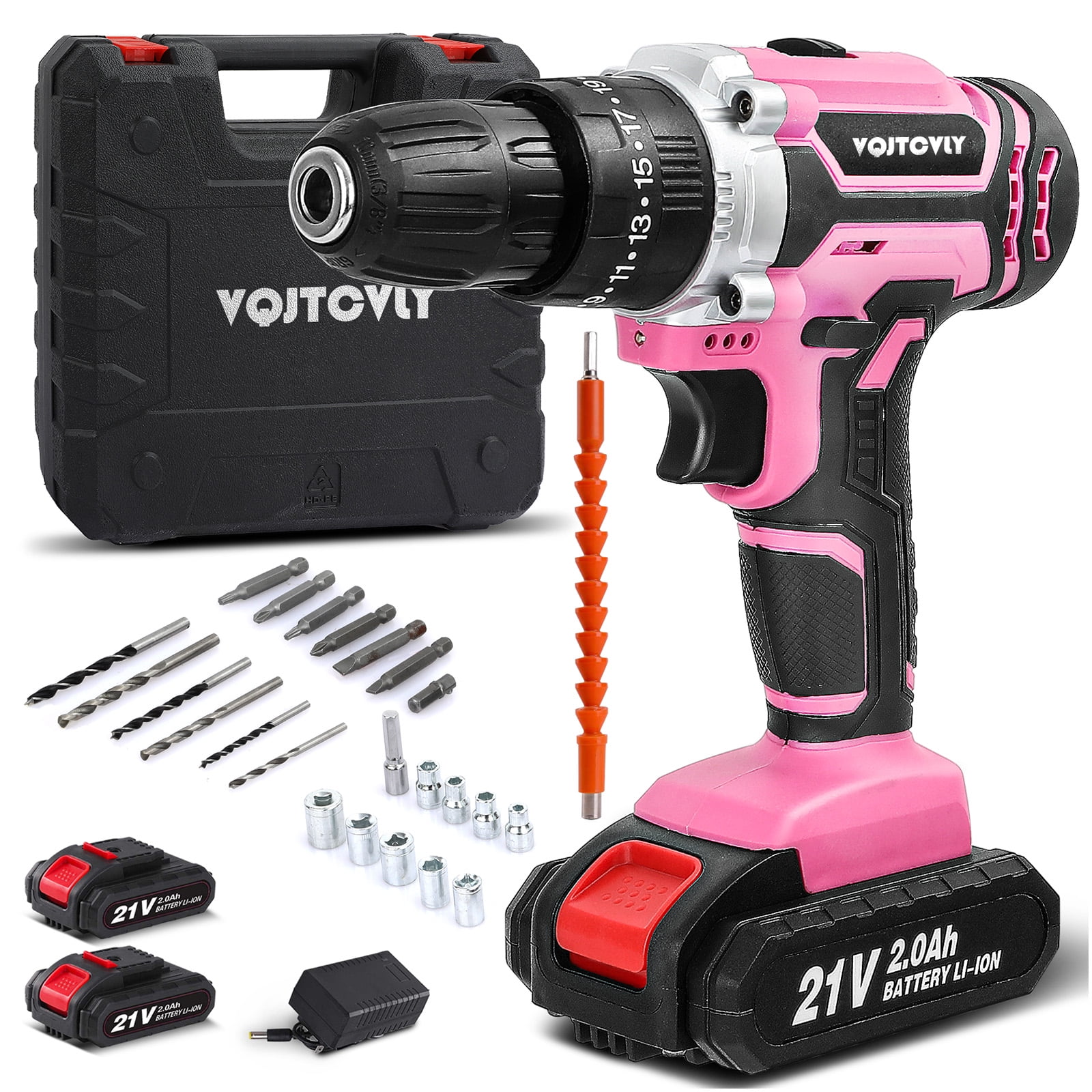 "VQJTCVLY 21V Pink Cordless Drill Set, 2.0 Ah Battery, 25+1 Torque, 3/8 ...