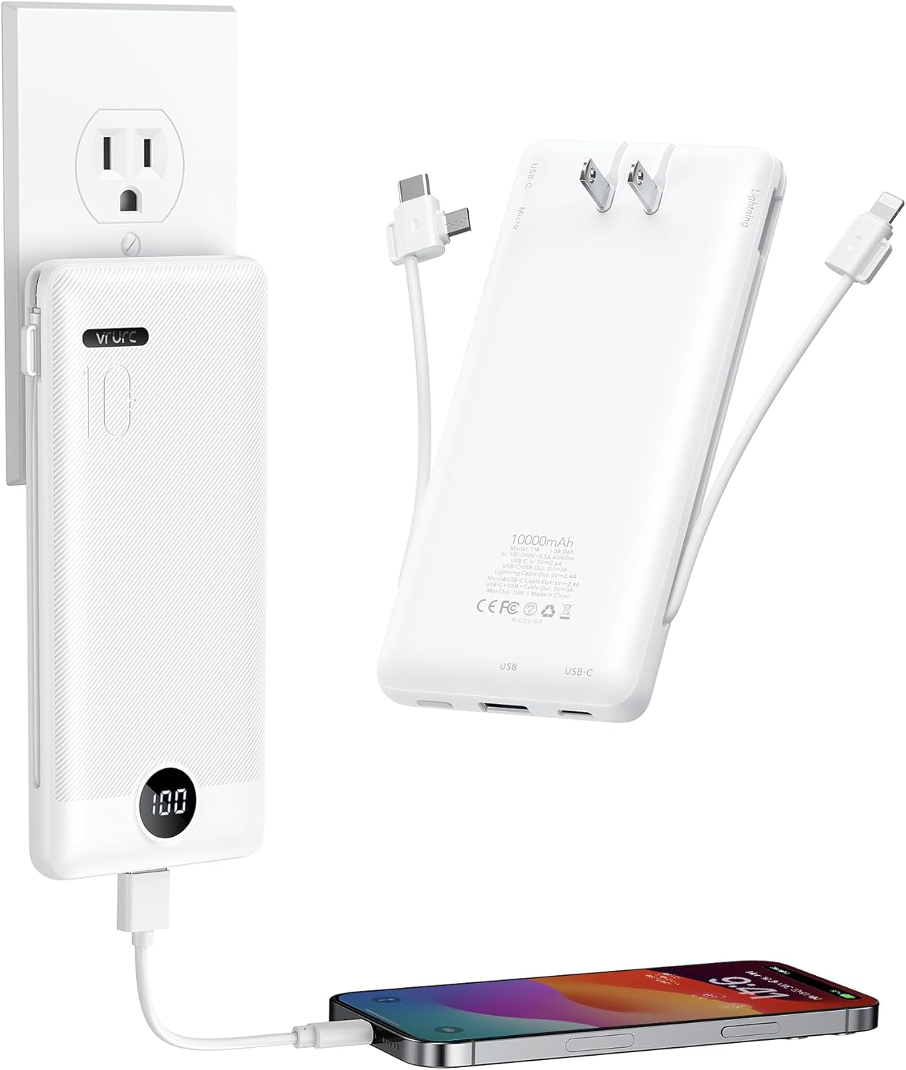 VRURC Portable Charger 10000mAh, Slim Portable Charger with Wall Plug ...